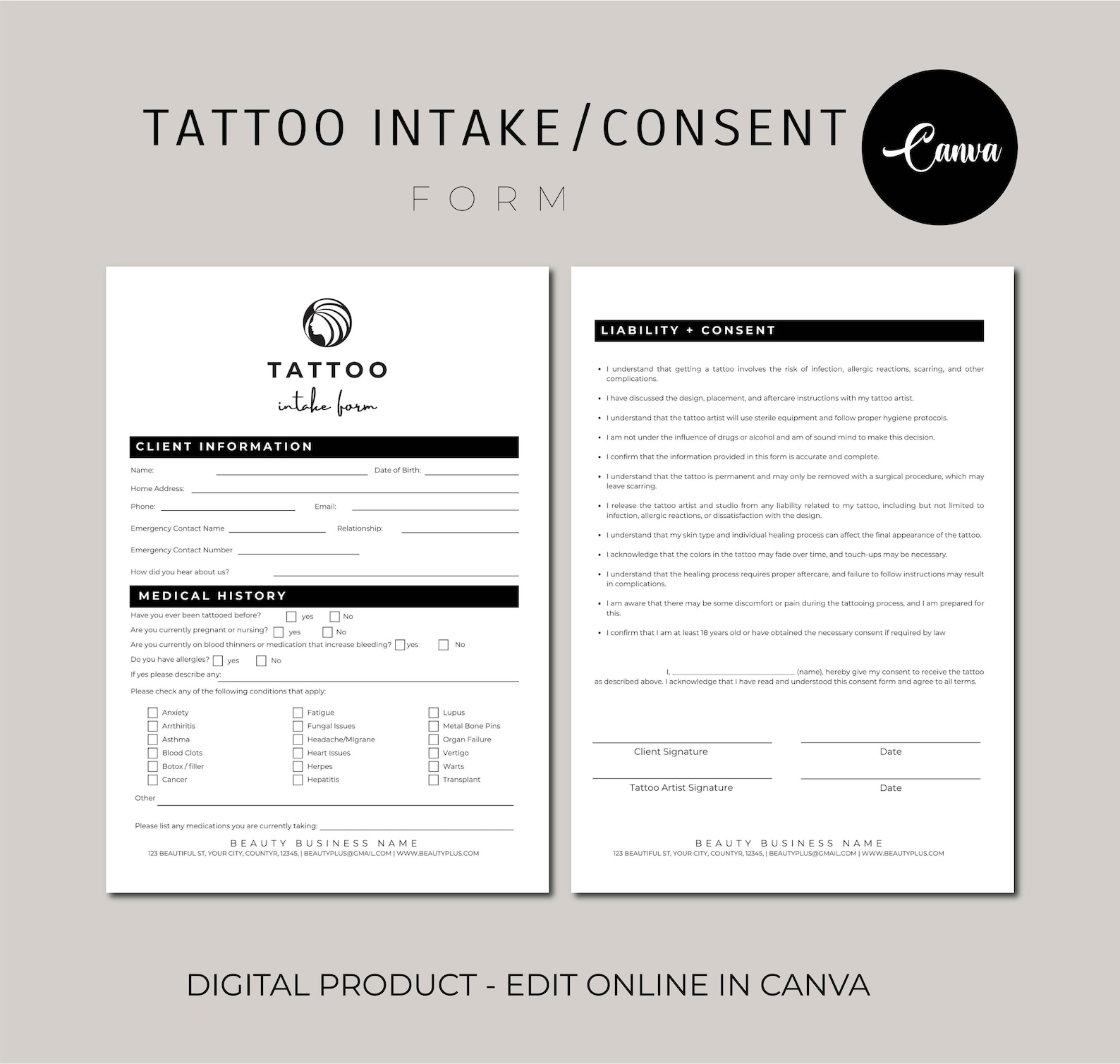 Tattoo Artist Forms Bundle - Editable, Tattoo Artist Business Forms ...