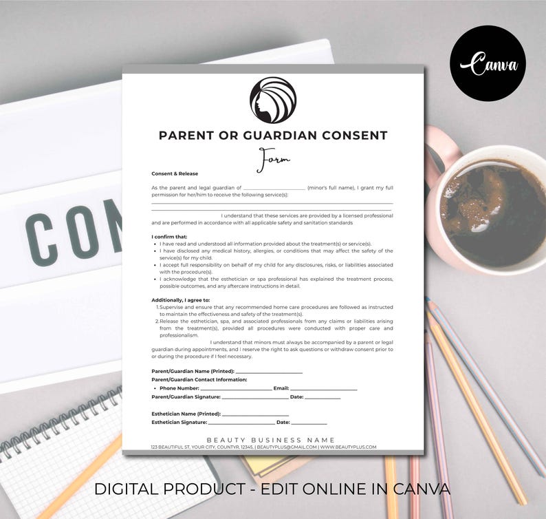 Parental Consent Form for Estheticians and Med Spas, Facials, Lashes, Minor Consent Form, Parent ...