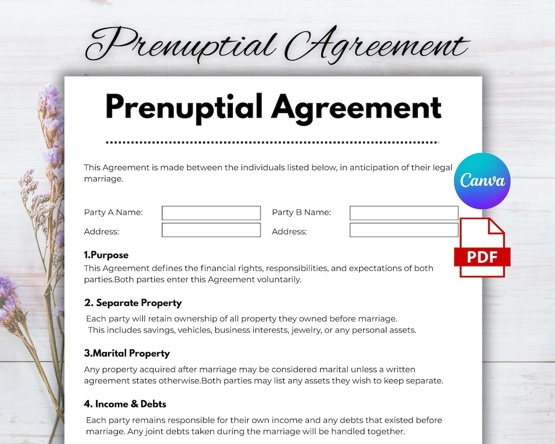 Editable Prenuptial Agreement, Financial Disclosure, Prenup Form ...