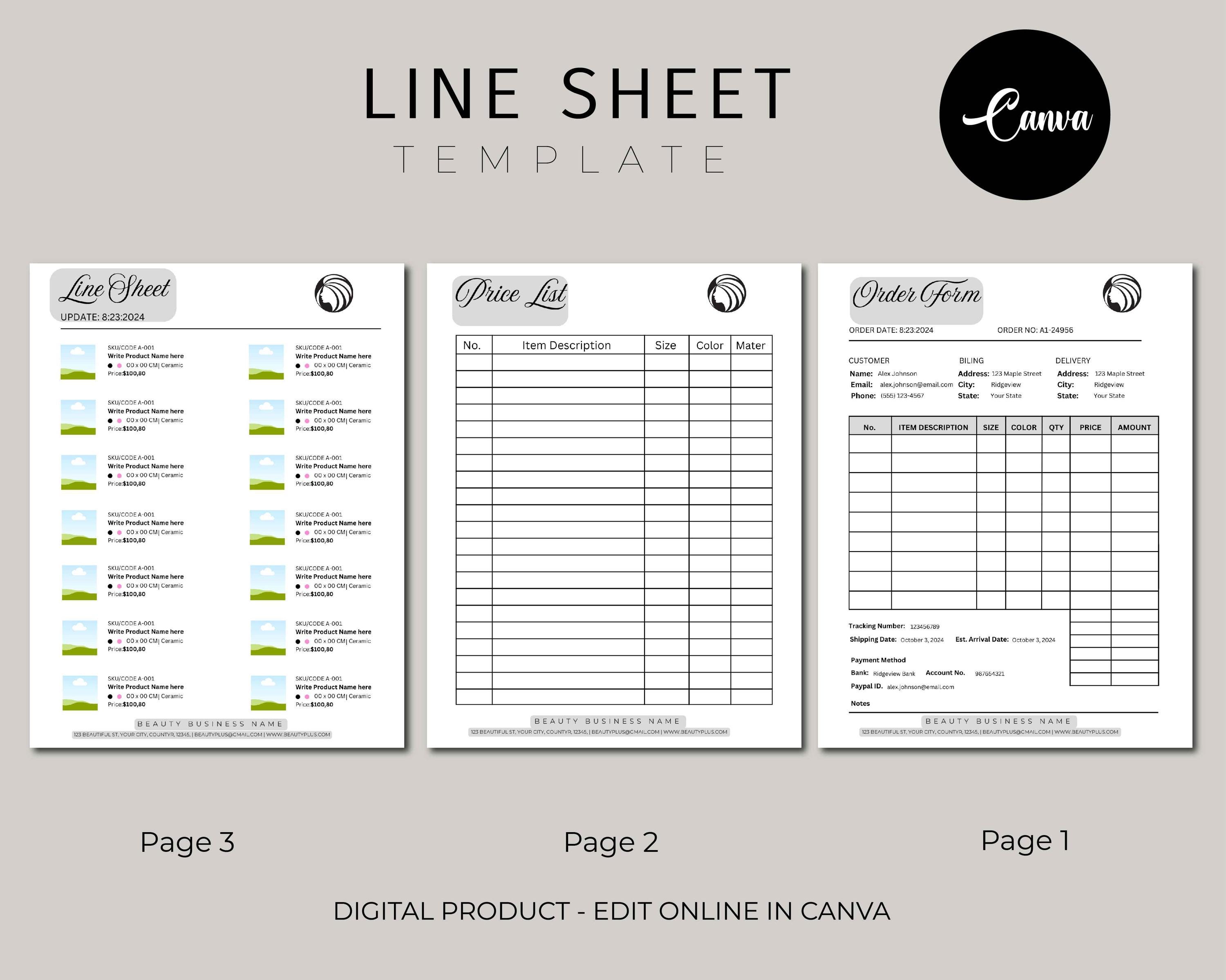 Line Sheet for Wholesale, Seller Shop, Price List Template, Editable ...