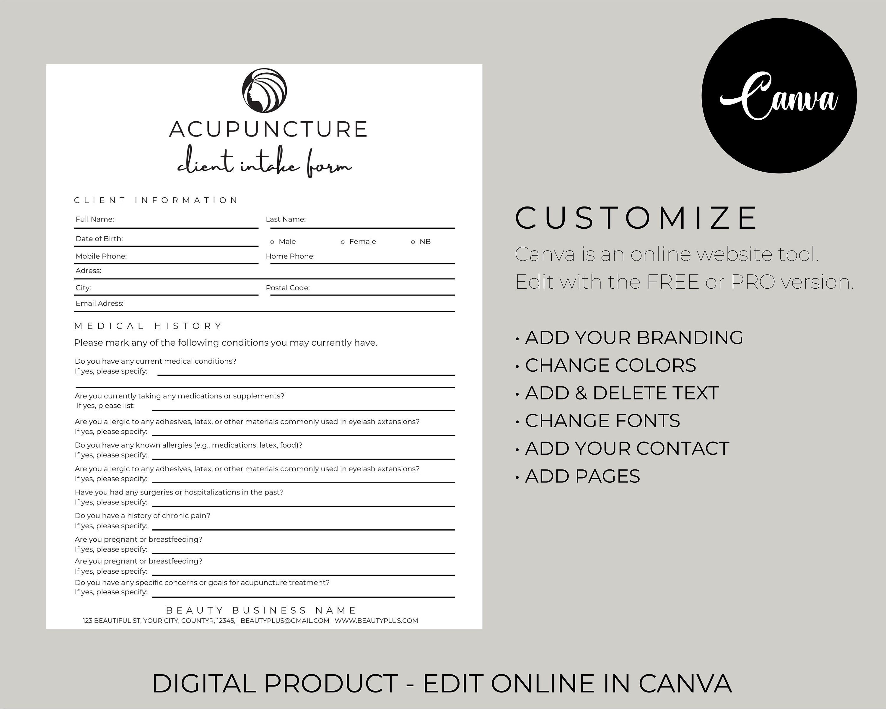 Editable Acupuncture Consultation & Consent Forms, Client Intake ...