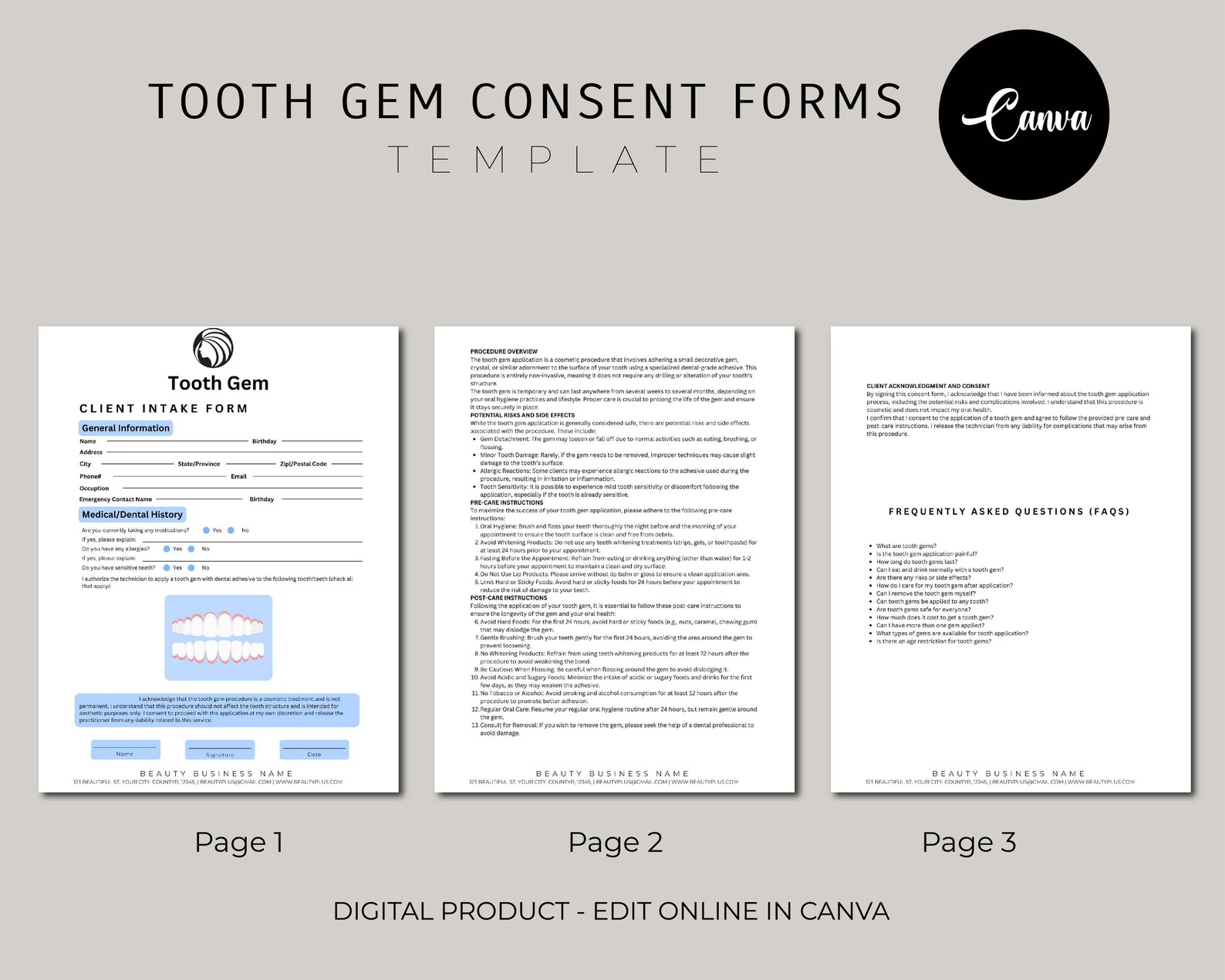 Tooth Gem Consent Form, Tooth Gem Waiver, Editable Tooth Gem Consent ...