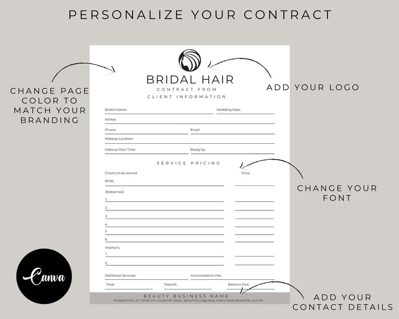 Bridal Makeup Artist Contract, Wedding Hair and Makeup Forms, Bridal ...