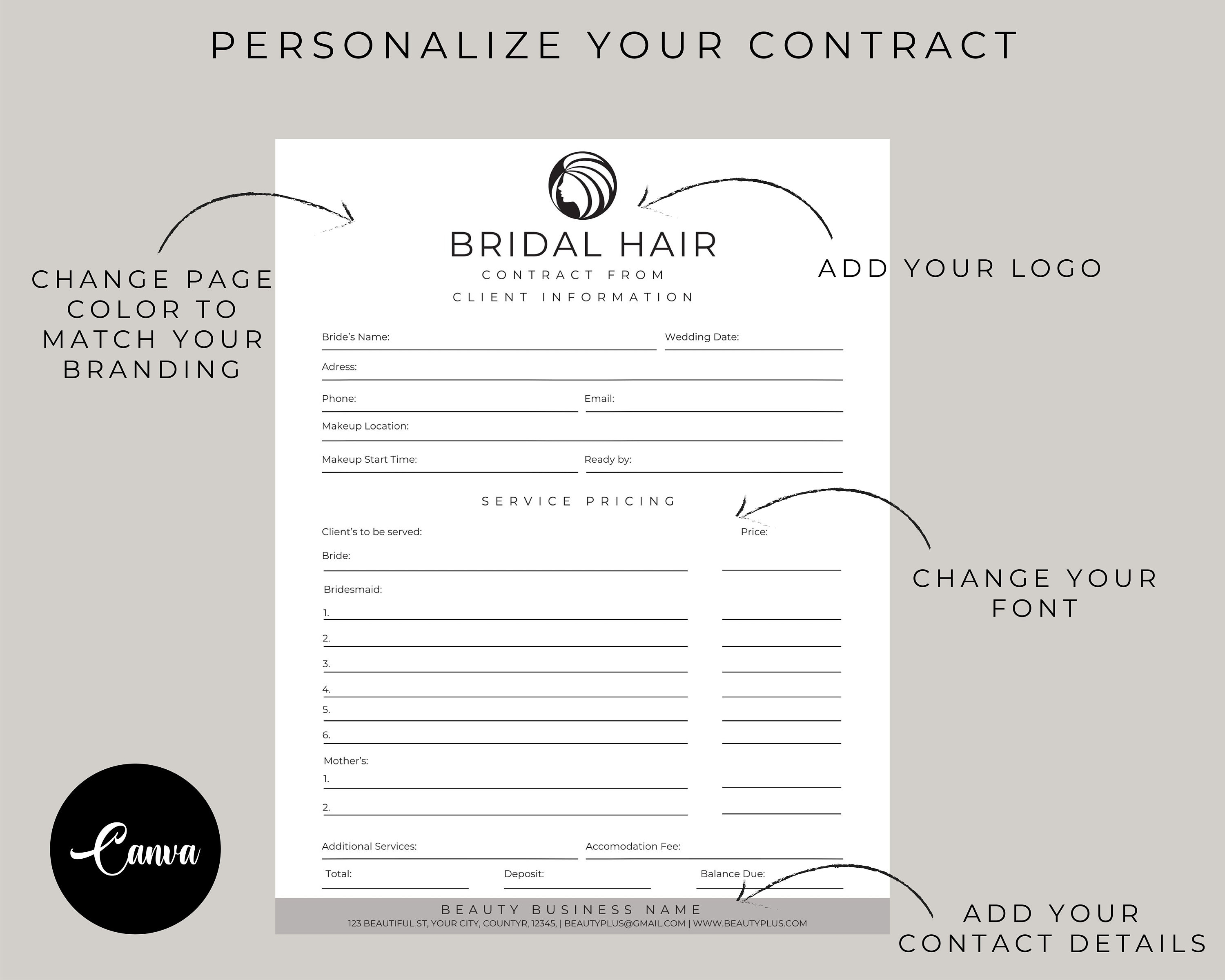 Bridal Makeup Artist Contract, Wedding Hair and Makeup Forms, Bridal ...