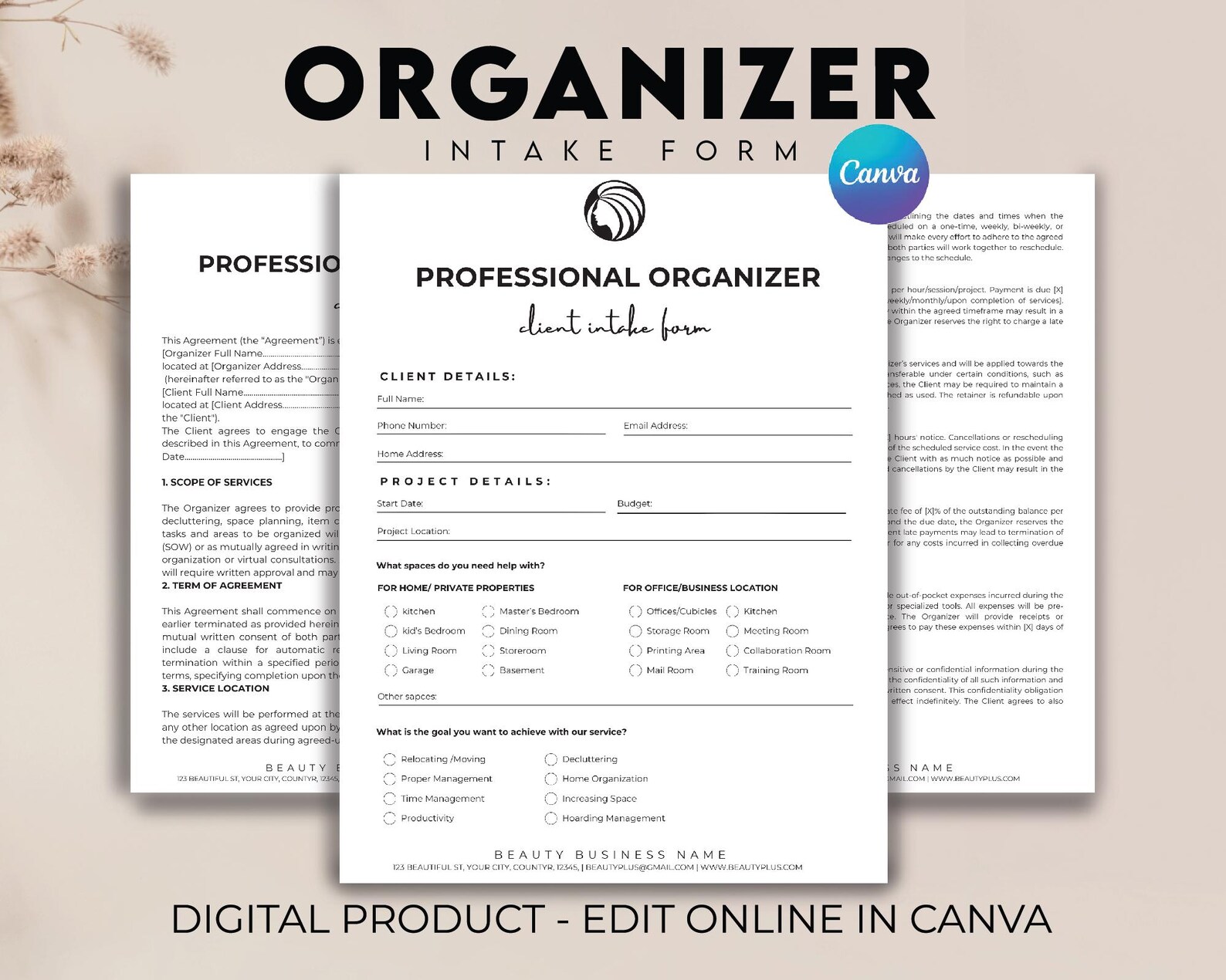 Professional Organizer Contract Forms, Organizing Service Agreement ...