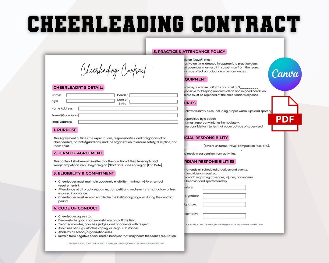 Cheerleading Contract Template, Cheerleading Tryout, Coaching Forms, Athlete Paperwork, Editable ...