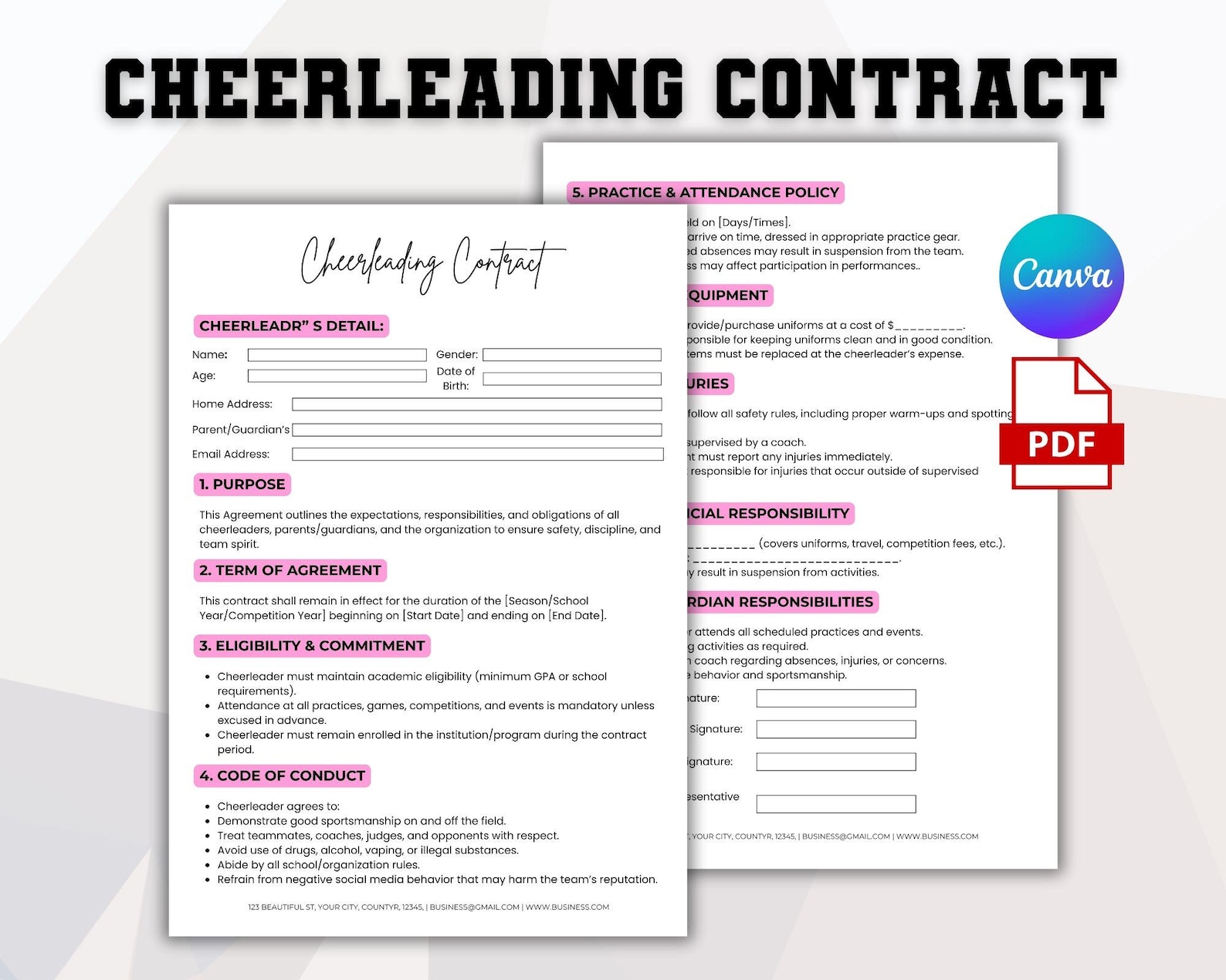 Cheerleading Contract Template, Cheerleading Tryout, Coaching Forms ...