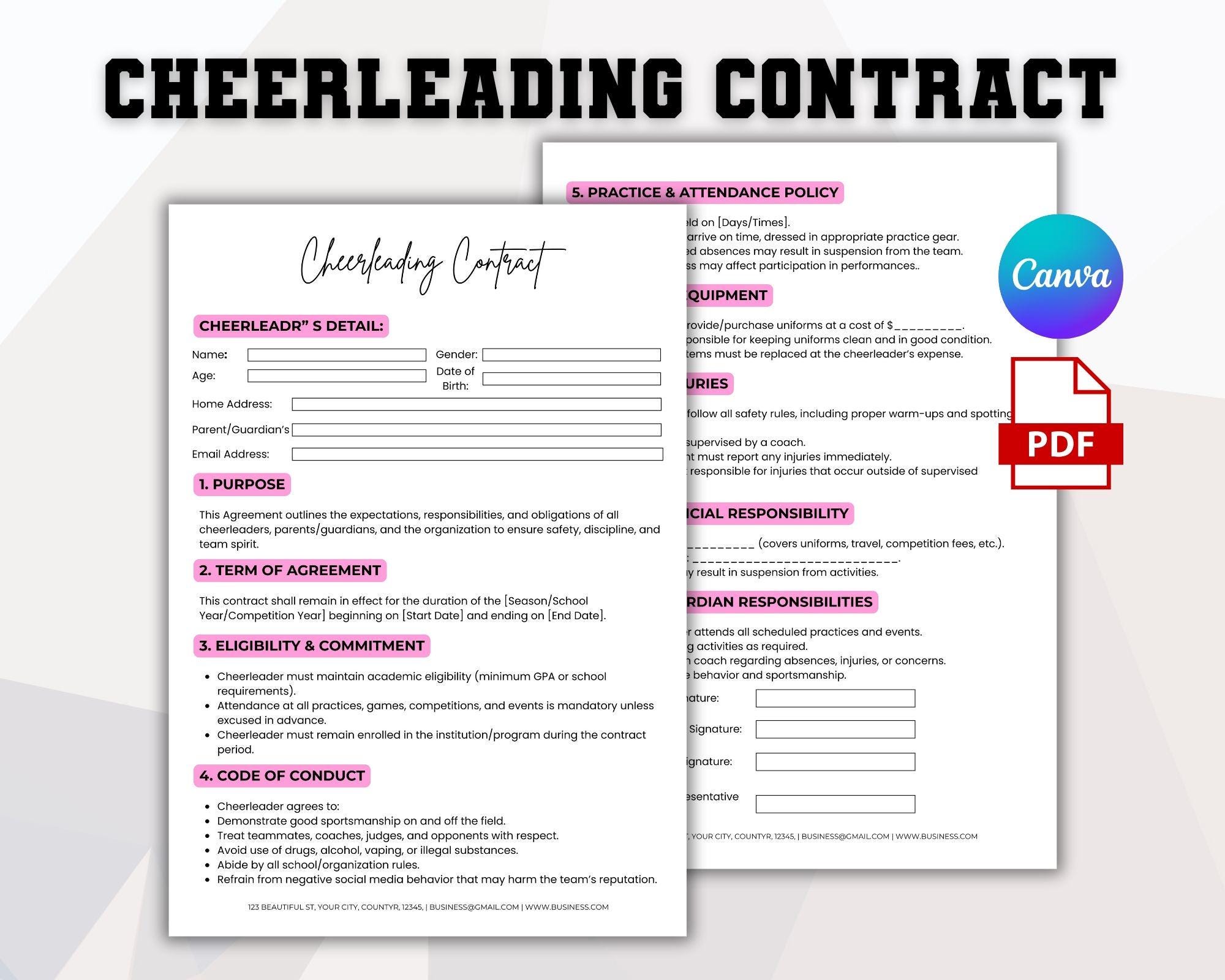 Cheerleading Contract Template, Cheerleading Tryout, Coaching Forms ...