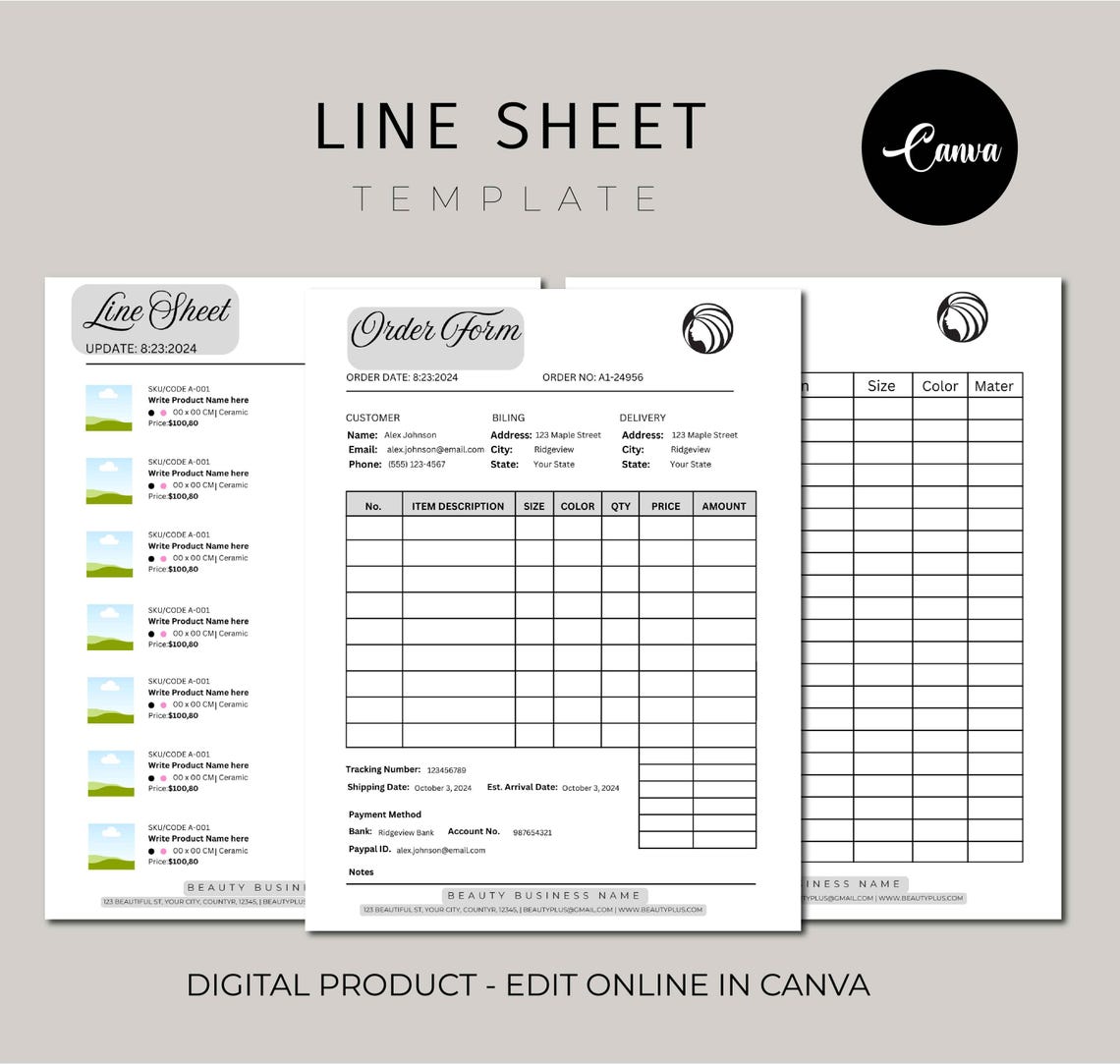 Line Sheet for Wholesale, Seller Shop, Price List Template, Editable ...