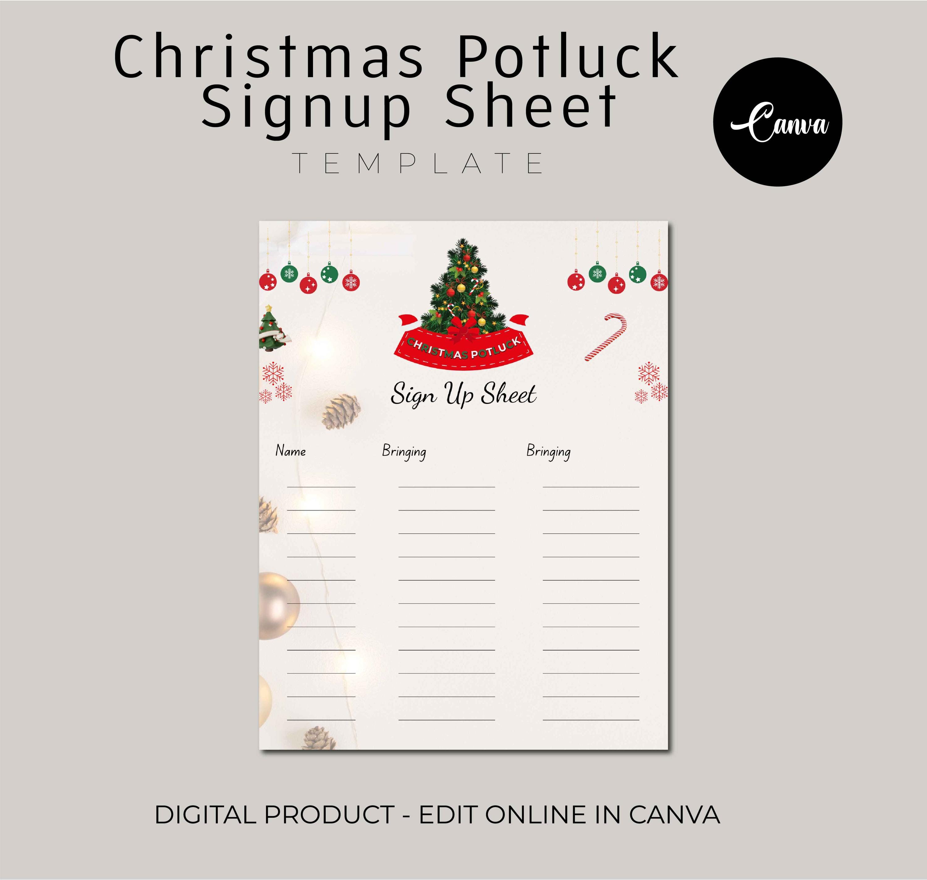 Christmas Potluck Sign up Sheet Template Editable, Neighborhood Holiday ...