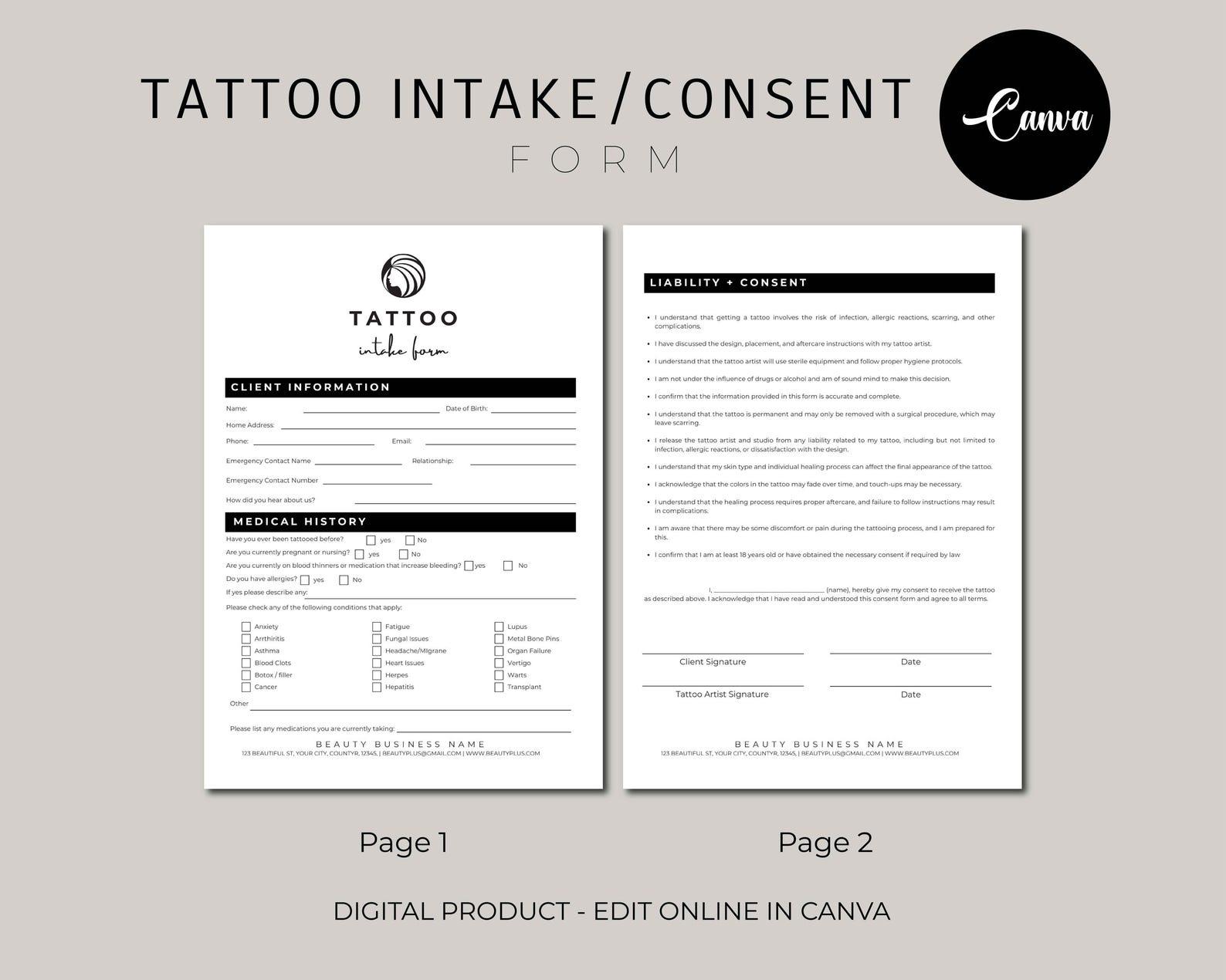 Tattoo Artist Forms Bundle - Editable, Tattoo Artist Business Forms ...
