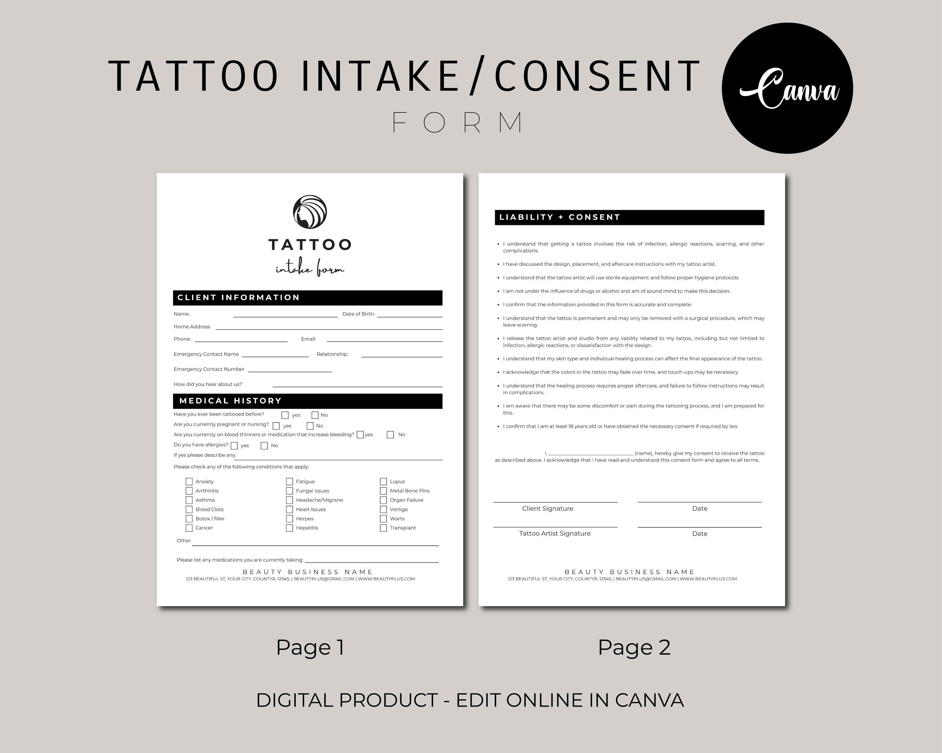 Tattoo Artist Forms Bundle - Editable, Tattoo Artist Business Forms ...