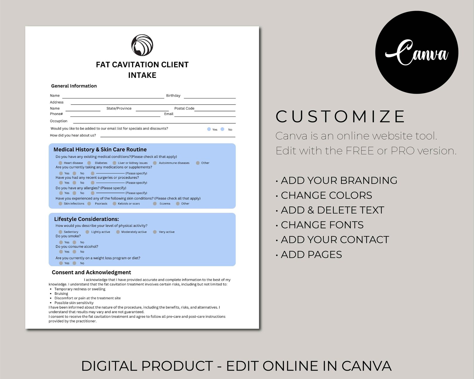 Fat Cavitation Form, Fat Cavitation Consent Form, Esthetician Business ...