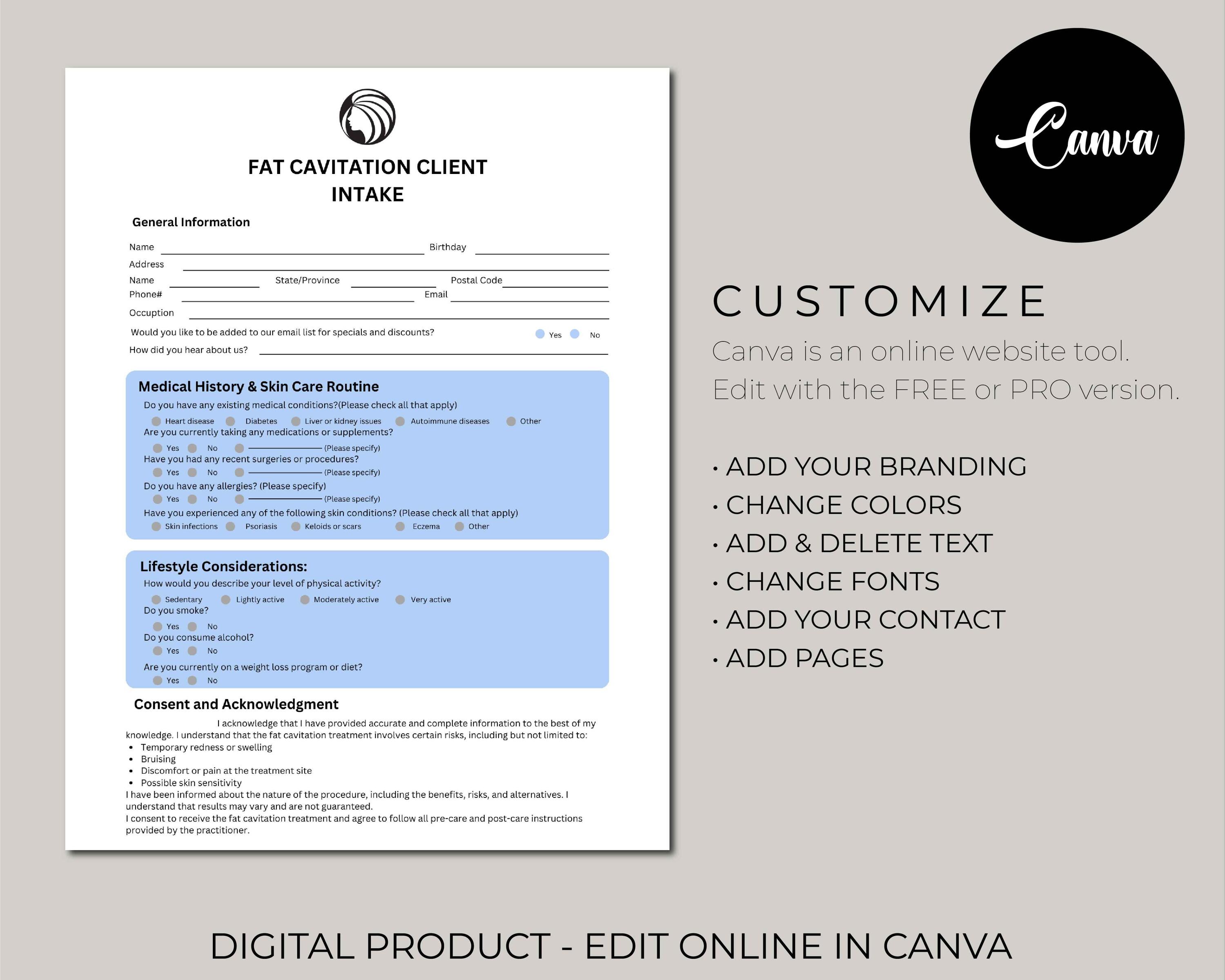 Fat Cavitation Form, Fat Cavitation Consent Form, Esthetician Business ...