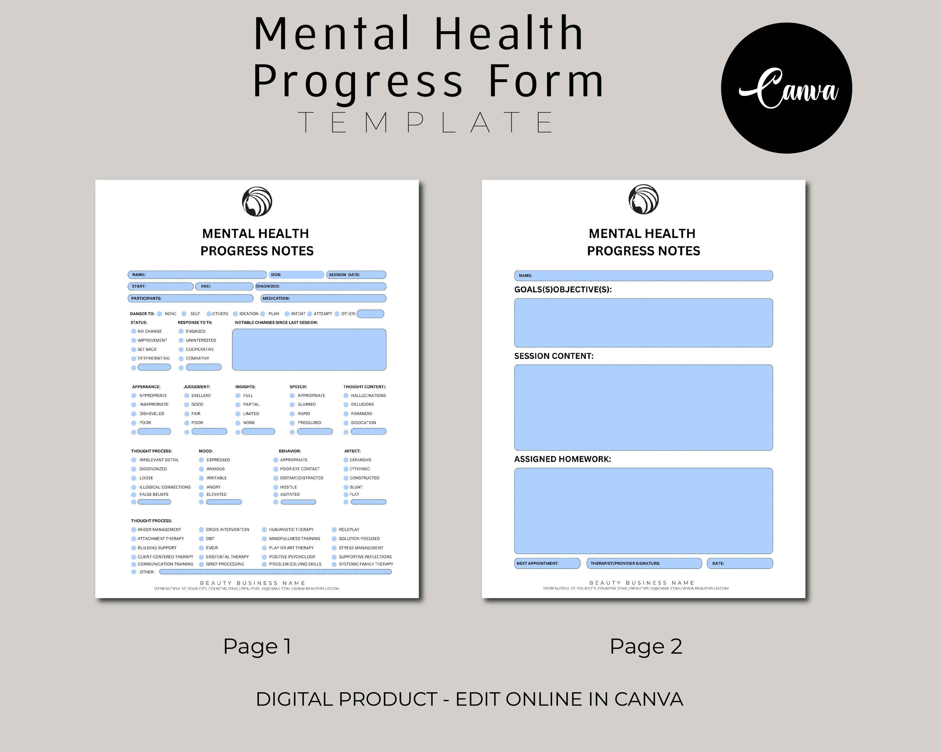 Canva Mental Progress Note Template, Counseling Therapy Note, Therapy ...