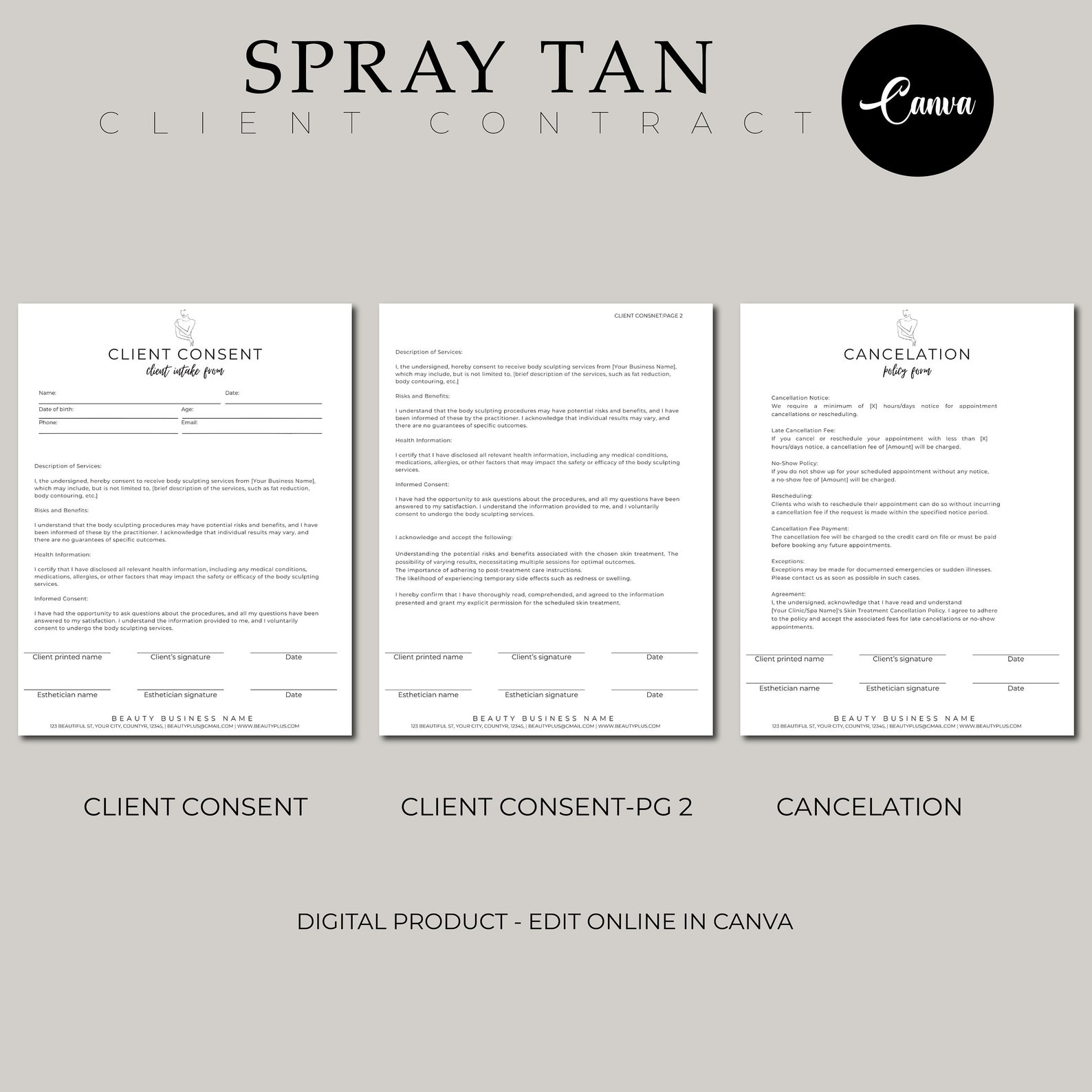 Spray Tan Consent Form, Tanning Consent, Spa Forms, Tanning Salon Forms ...