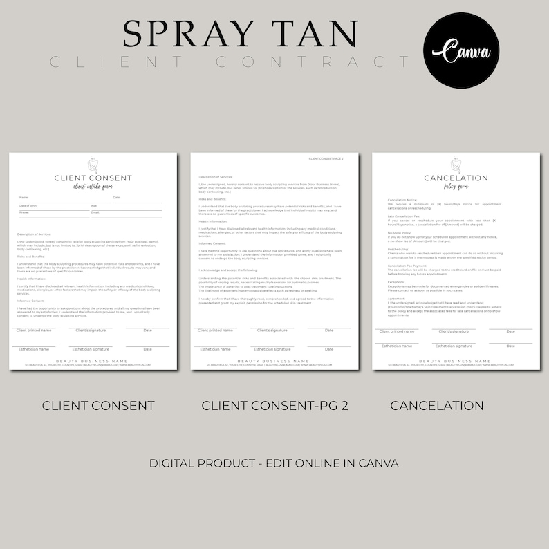 Spray Tan Consent Form, Tanning Consent, Spa Forms, Tanning Salon Forms ...