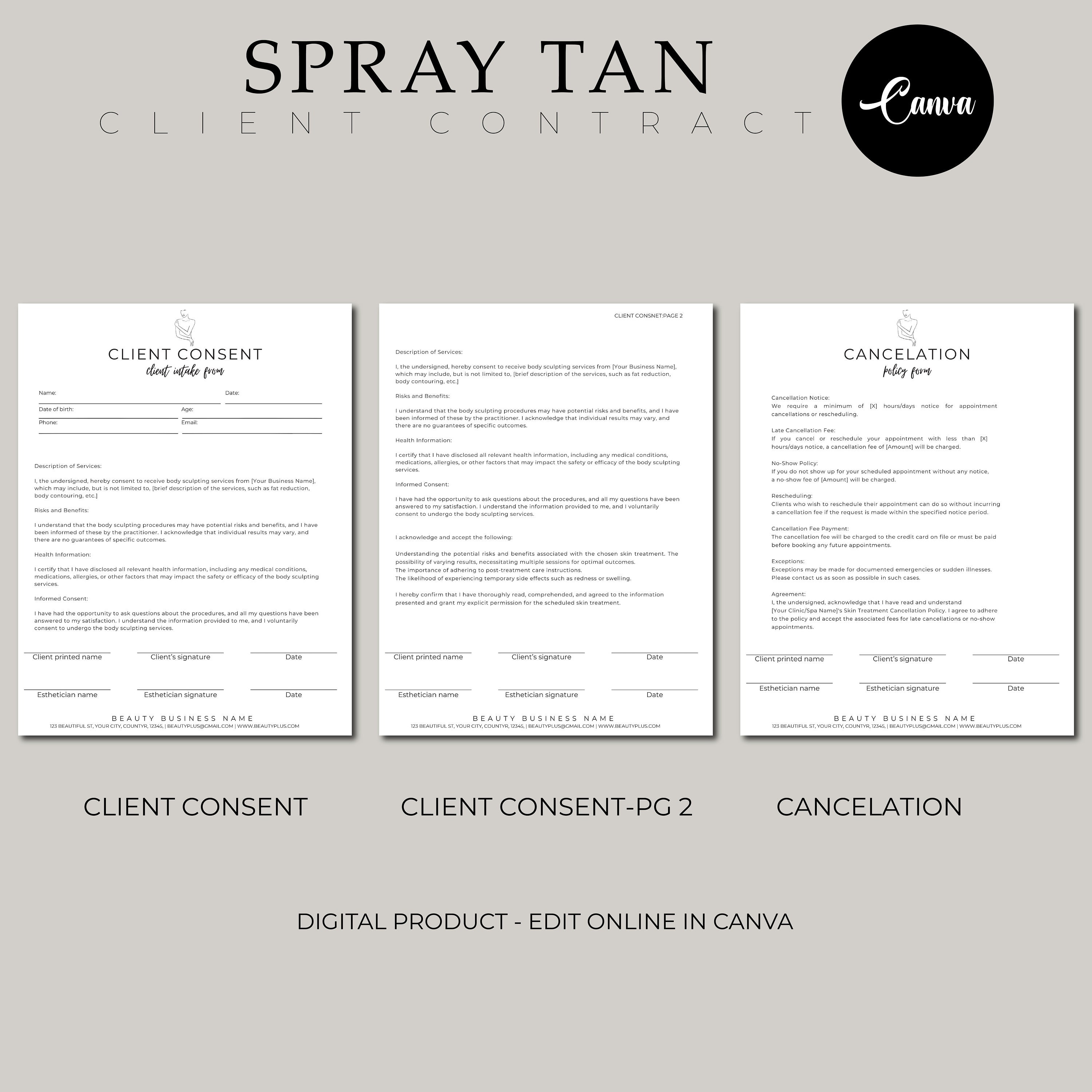 Spray Tan Consent Form, Tanning Consent, Spa Forms, Tanning Salon Forms ...