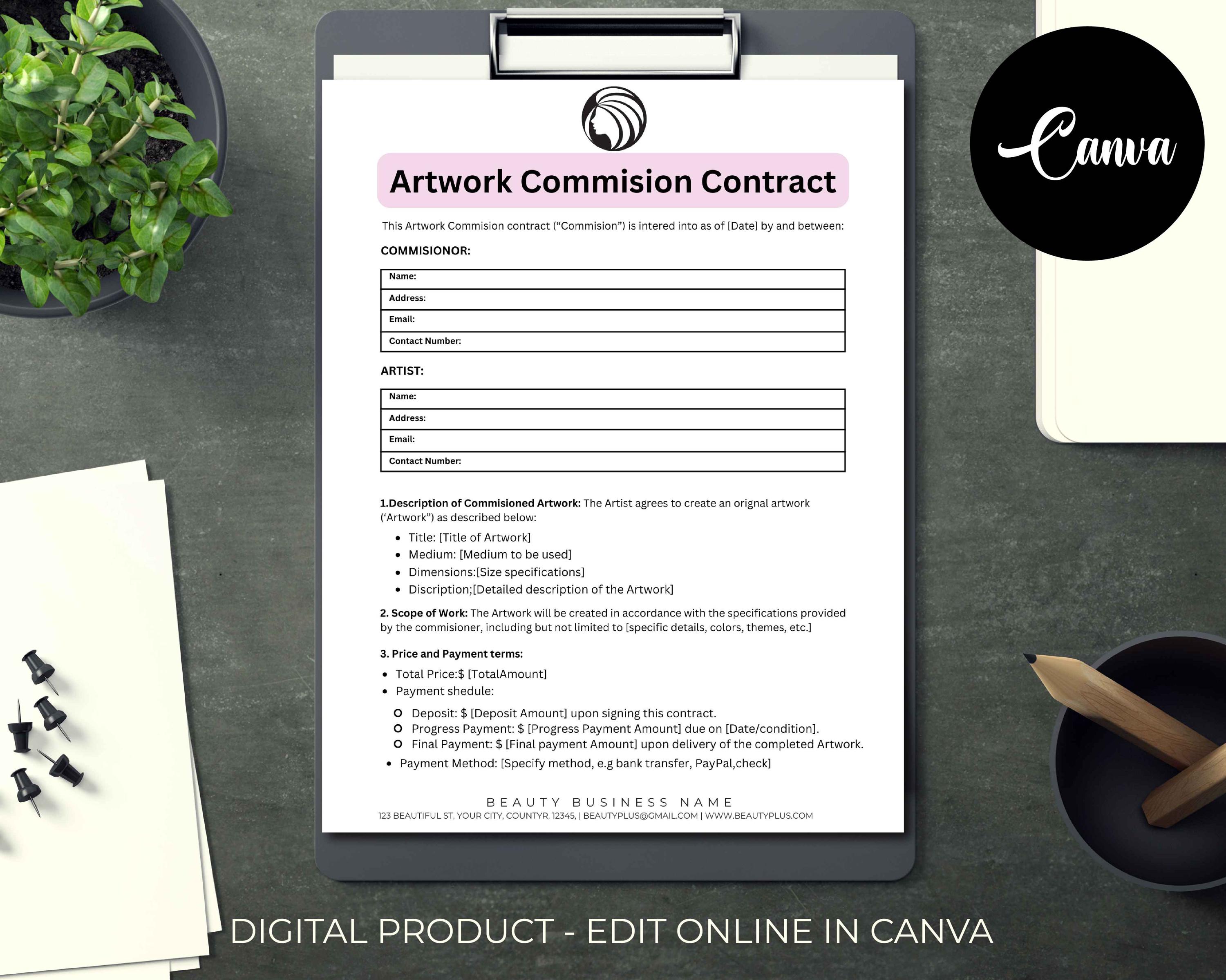 Artist Commission Contract, Customizable and Printable Agreement for ...