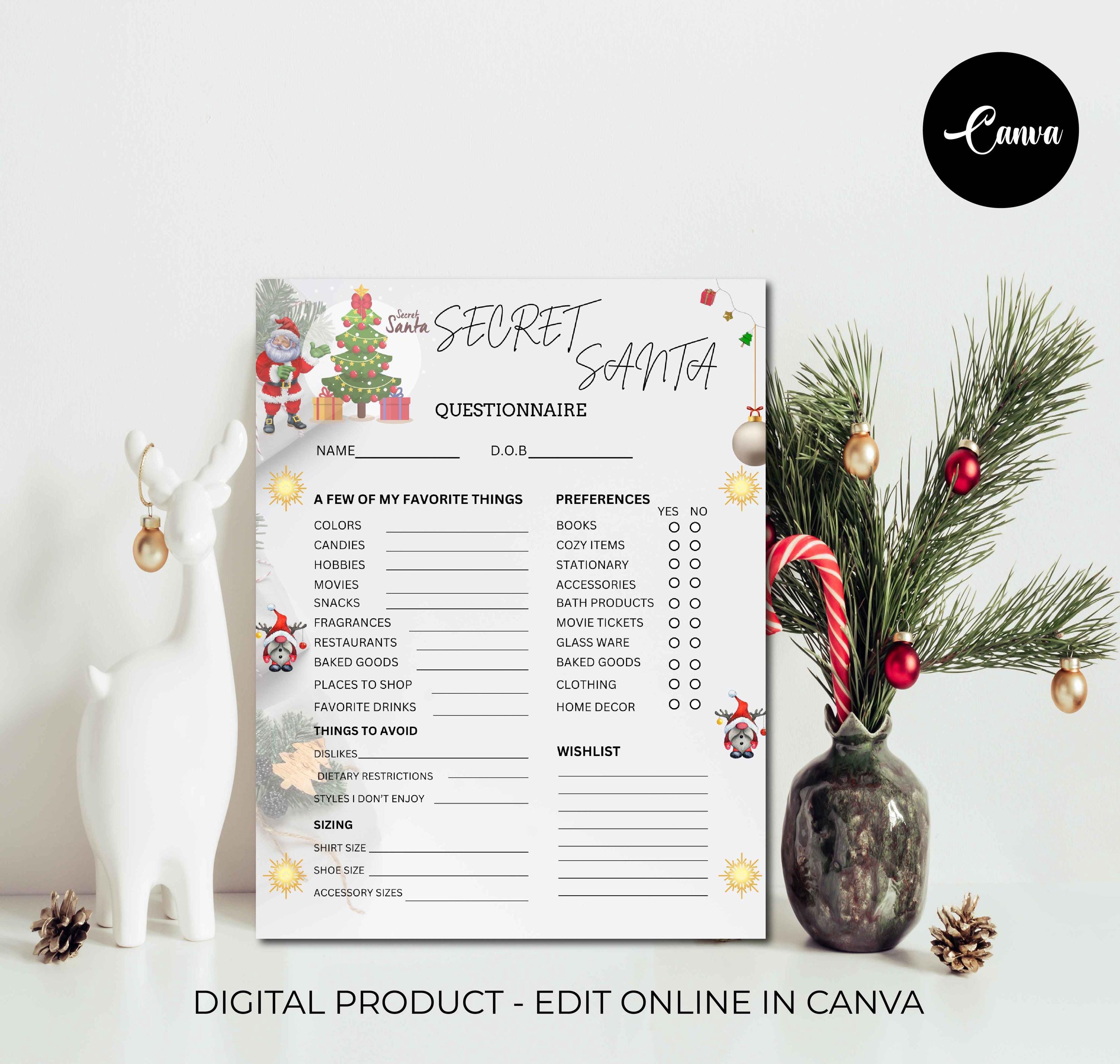 Editable Secret Santa Questionnaire, Christmas Survey, Gift Exchange ...