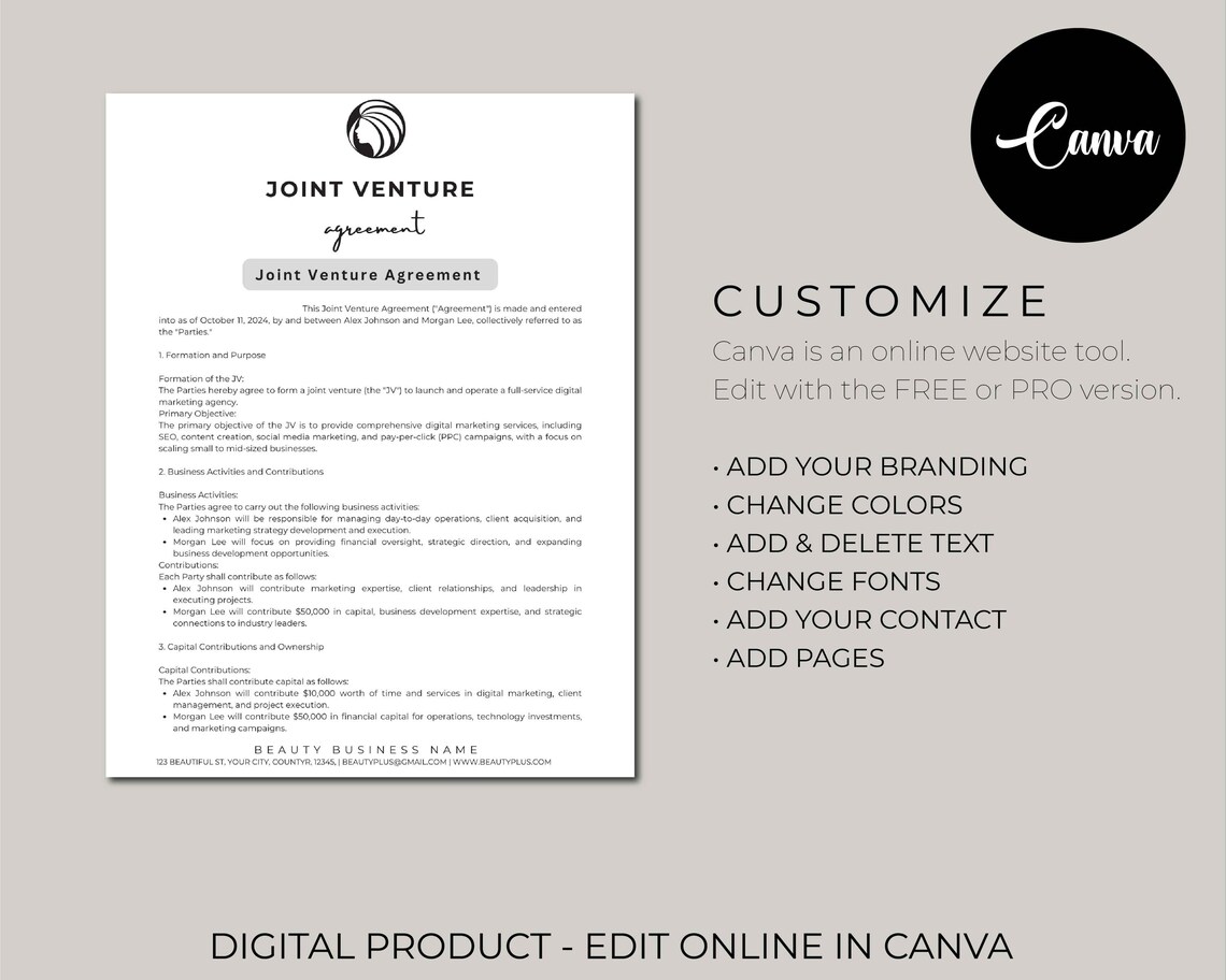 Joint Venture Agreement Template, Jointly Business Contract ...