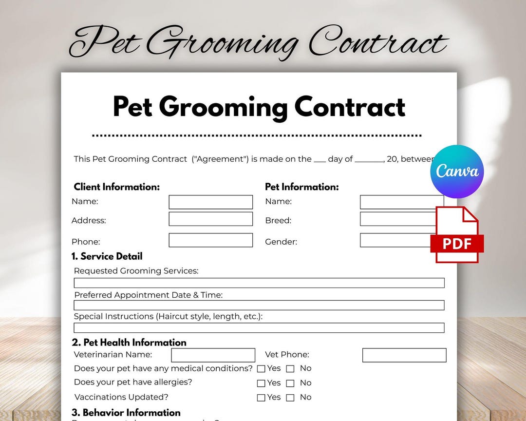 Pet Grooming Contract Printable, One Page Pet Client Grooming Agreement ...