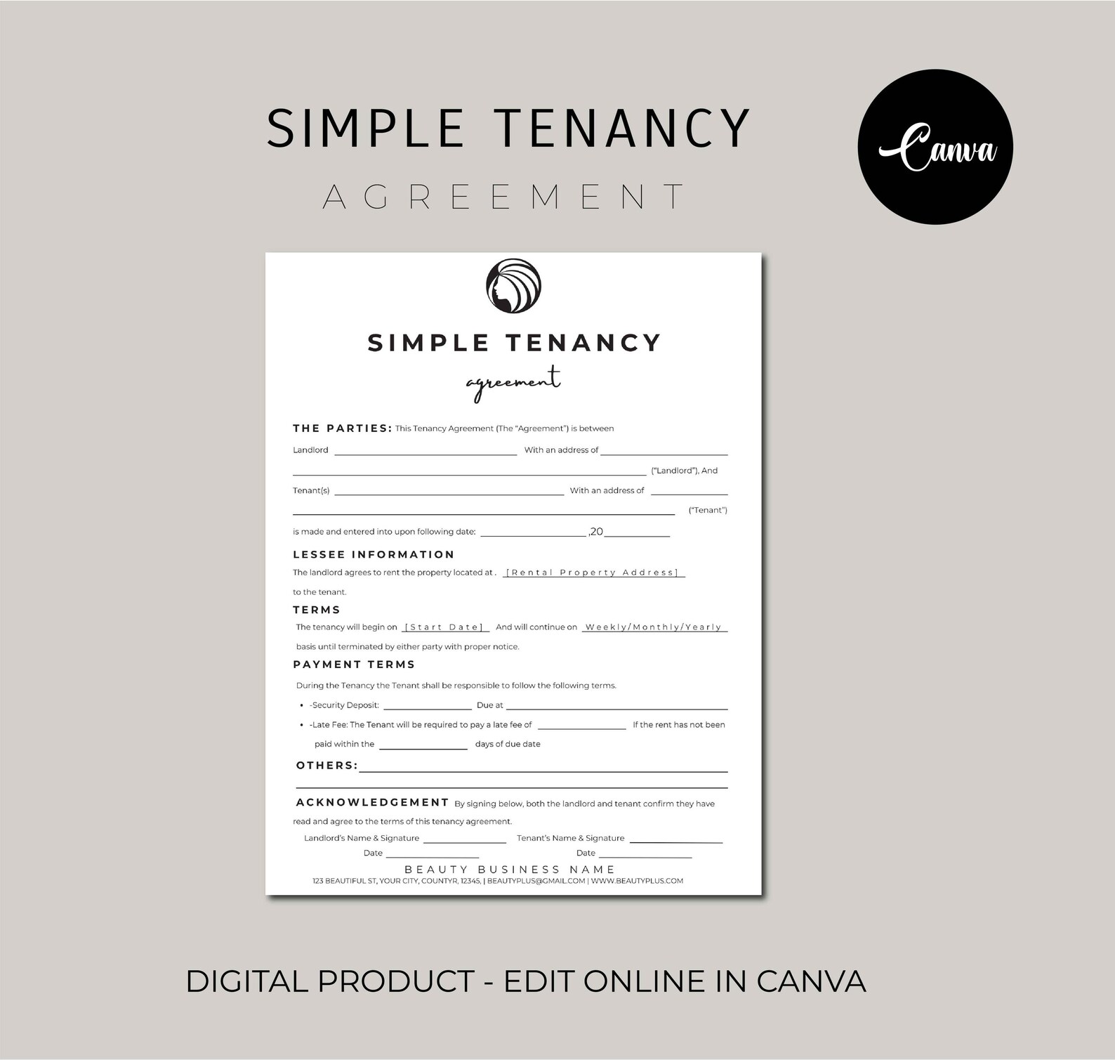 Simple Tenancy Agreement Template, Tenancy Agreement Template, Editable ...