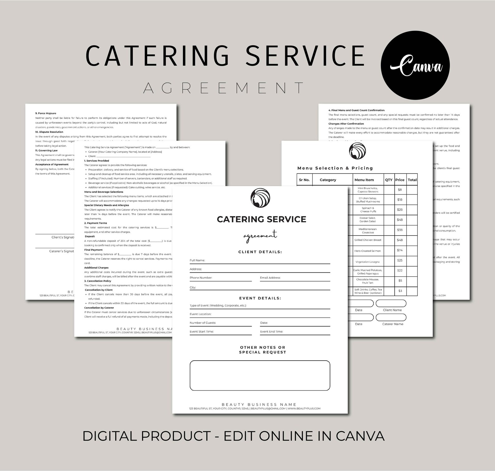 Editable Catering Contract Template, Catering Business Contract PDF ...