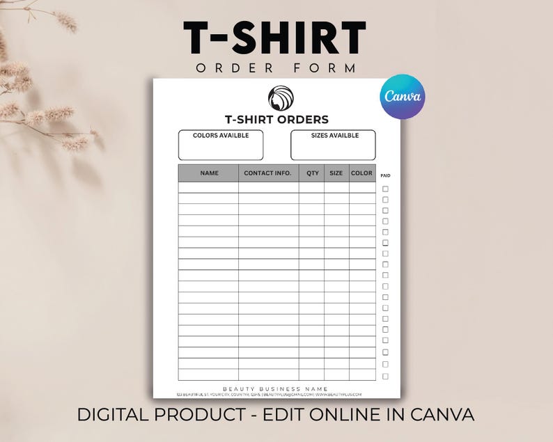Editable T-shirt Order Form Template, Shirt Business Forms, Craft Order ...