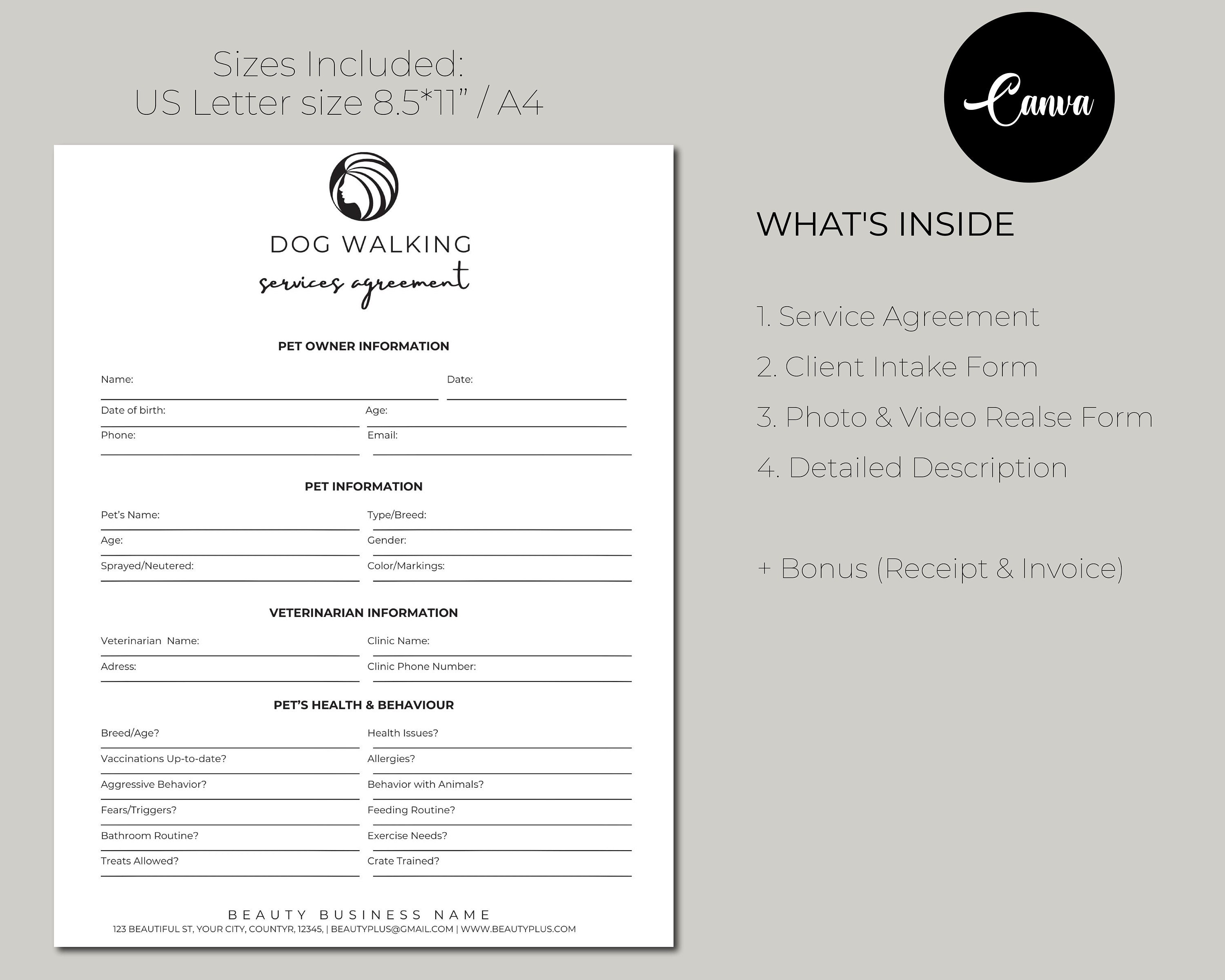 Dog Walking Service Agreement/contract Template, Invoice, Editable ...