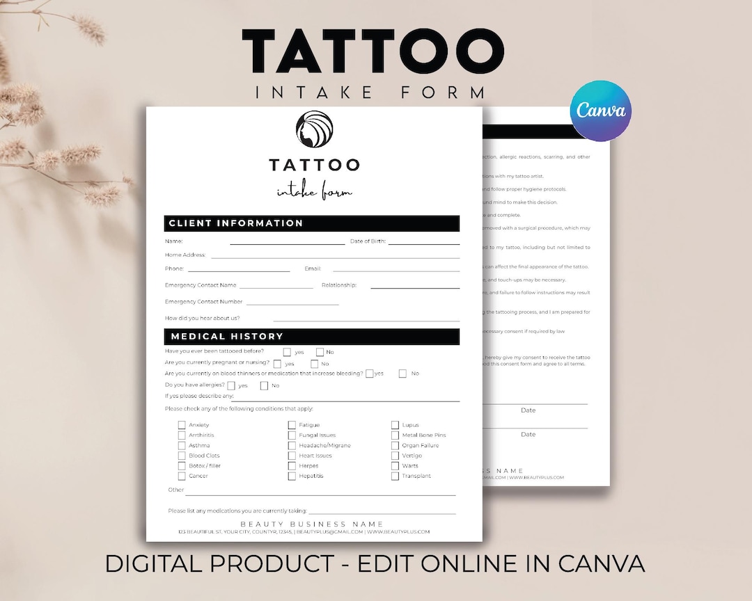 Tattoo Artist Intake Forms, Tattoo Artist Business Forms, Tattoo Artist ...