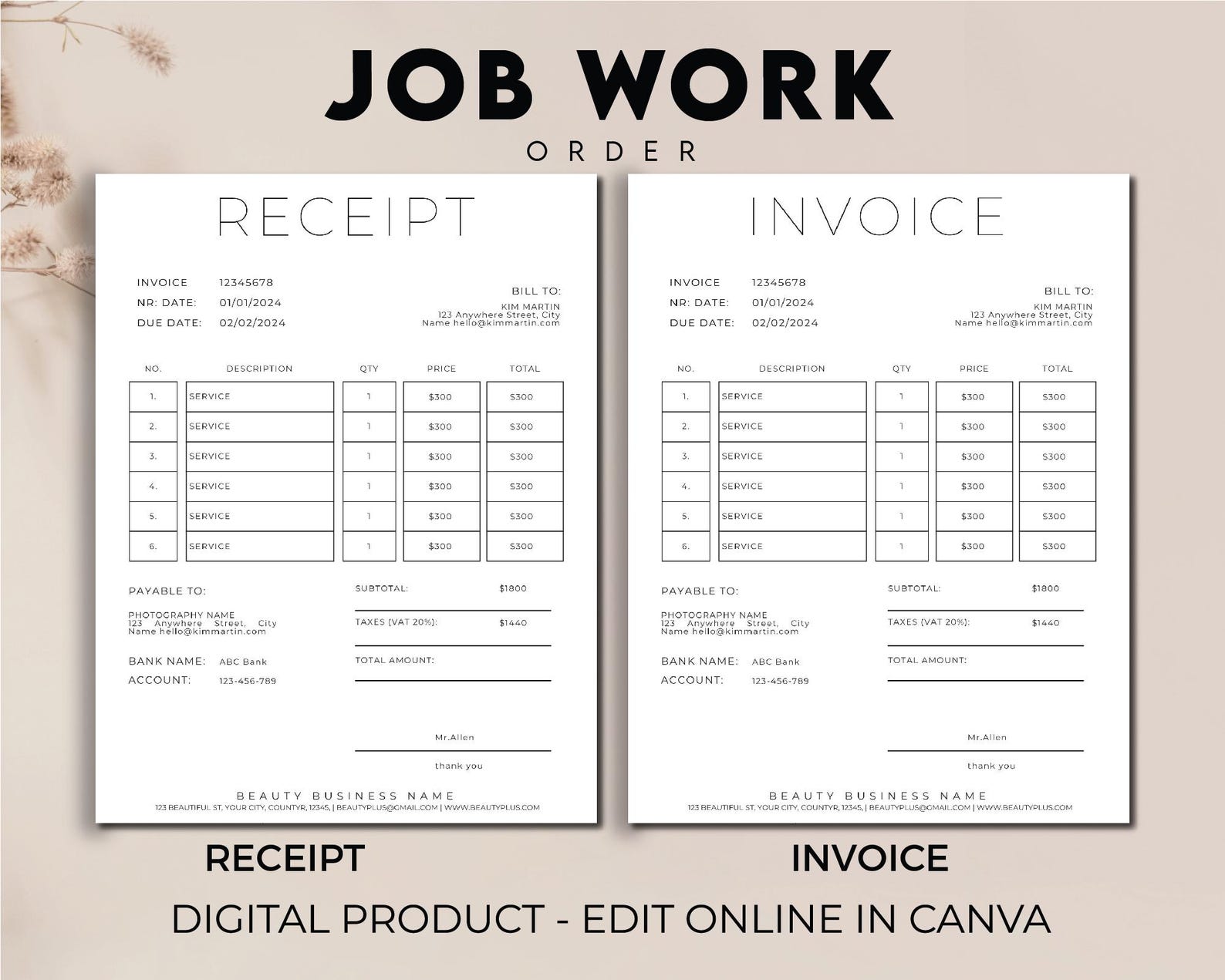 Editable Job Work Order Form, Business Job Work Order, Job Work Order ...