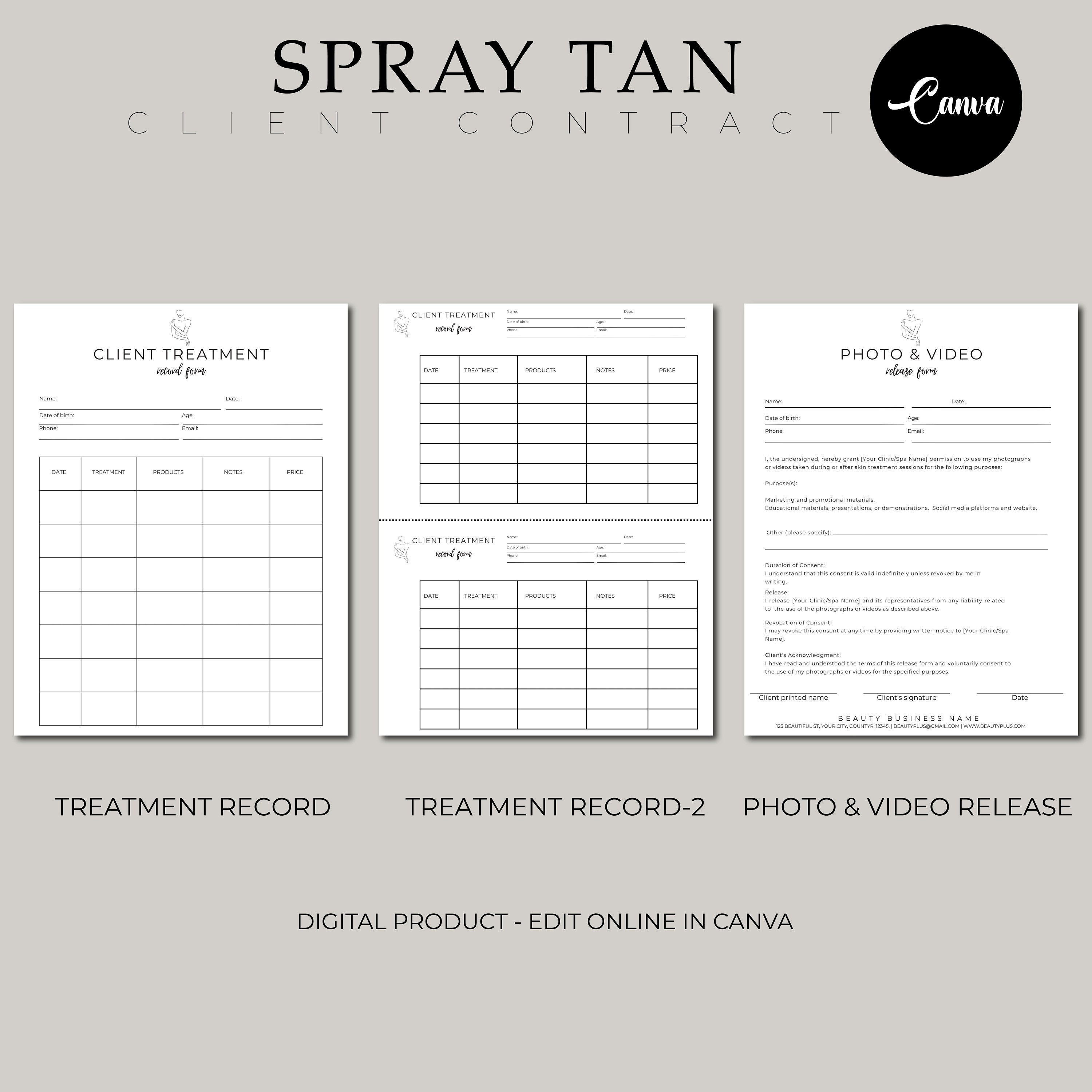 Spray Tan Consent Form, Tanning Consent, Spa Forms, Tanning Salon Forms ...