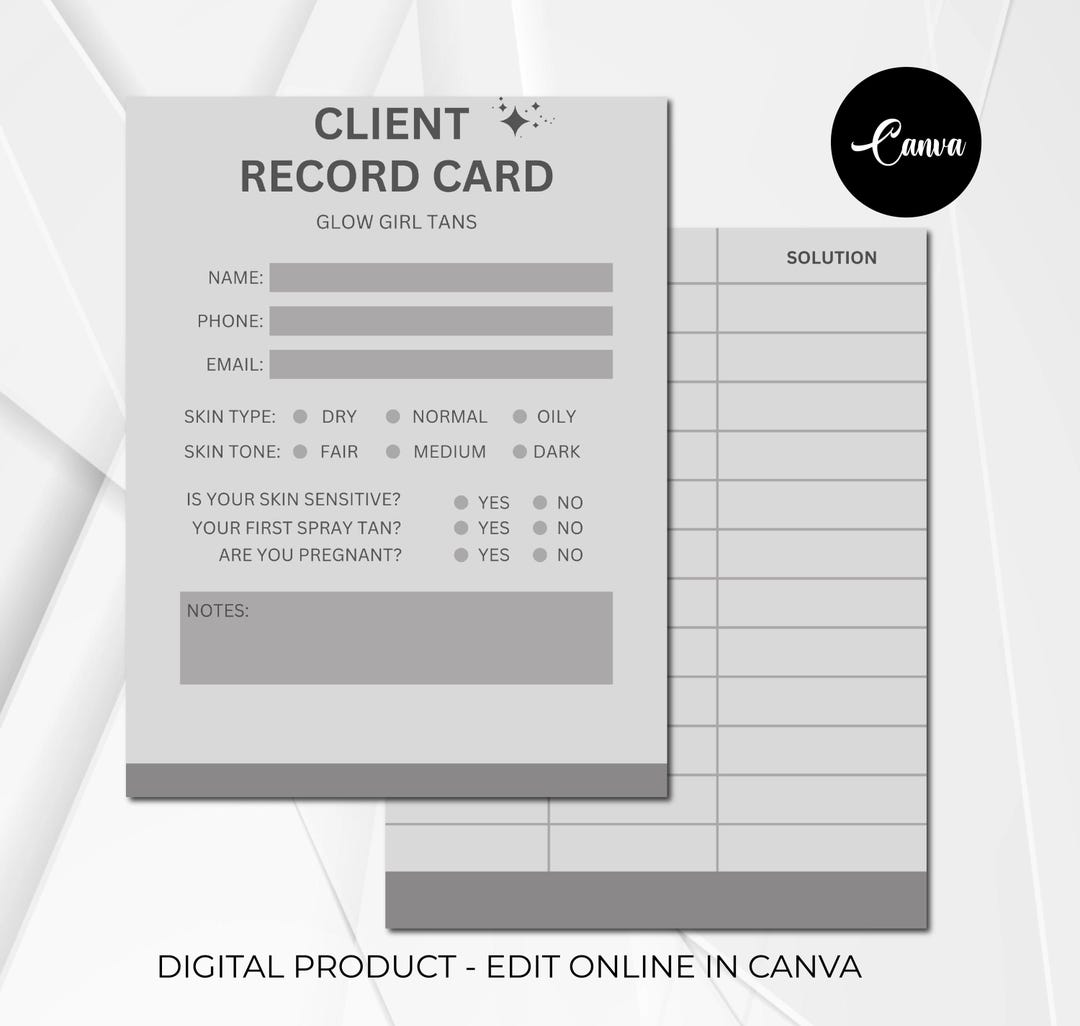 Spray Tanning Client Record Card, Spray Tanning Business Form, Tanning ...