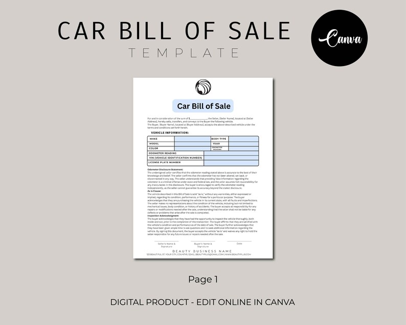 Motor Vehicle Bill of Sale, Printable Car Sale Form, Bill of Sale Form ...