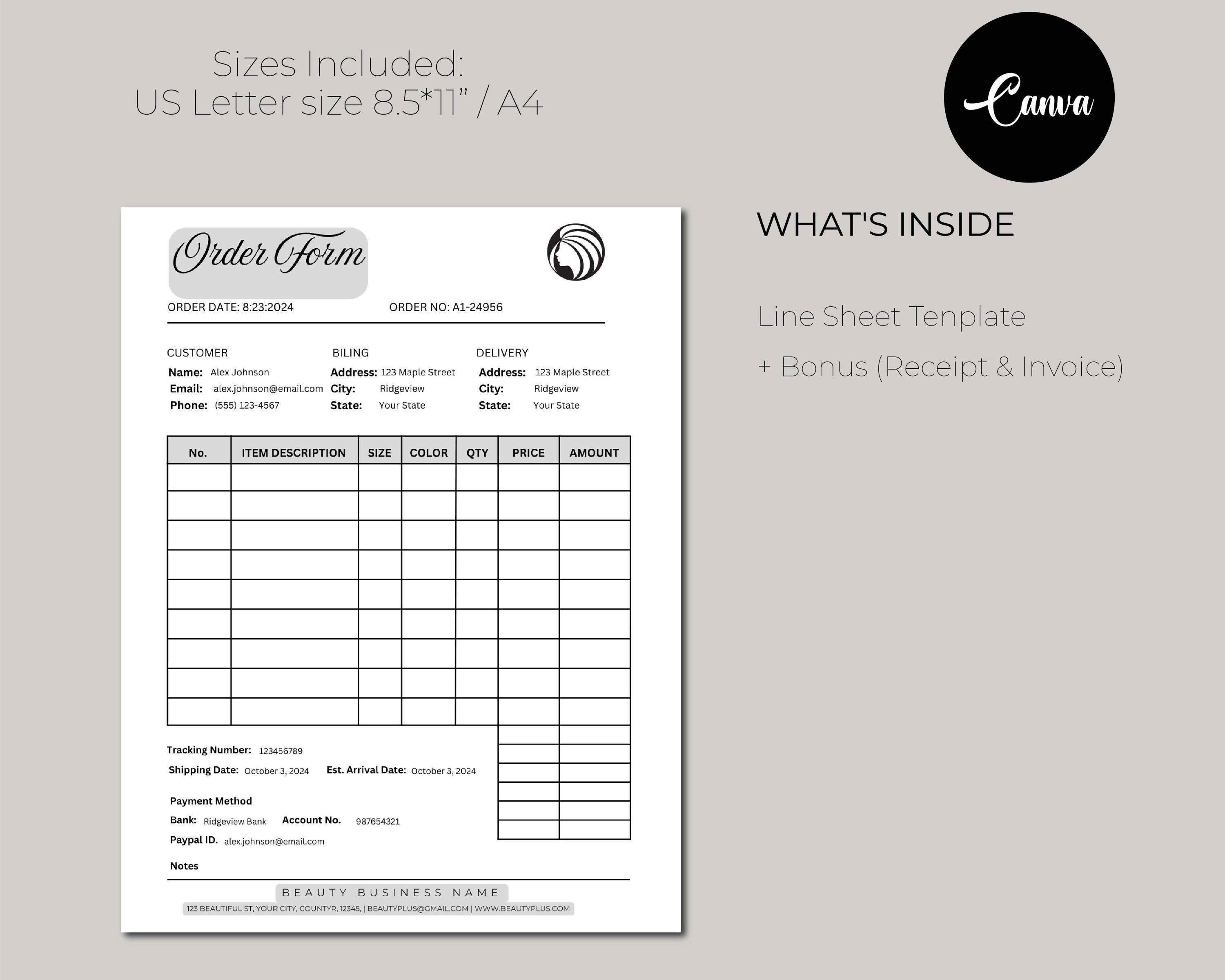 Line Sheet for Wholesale, Seller Shop, Price List Template, Editable ...