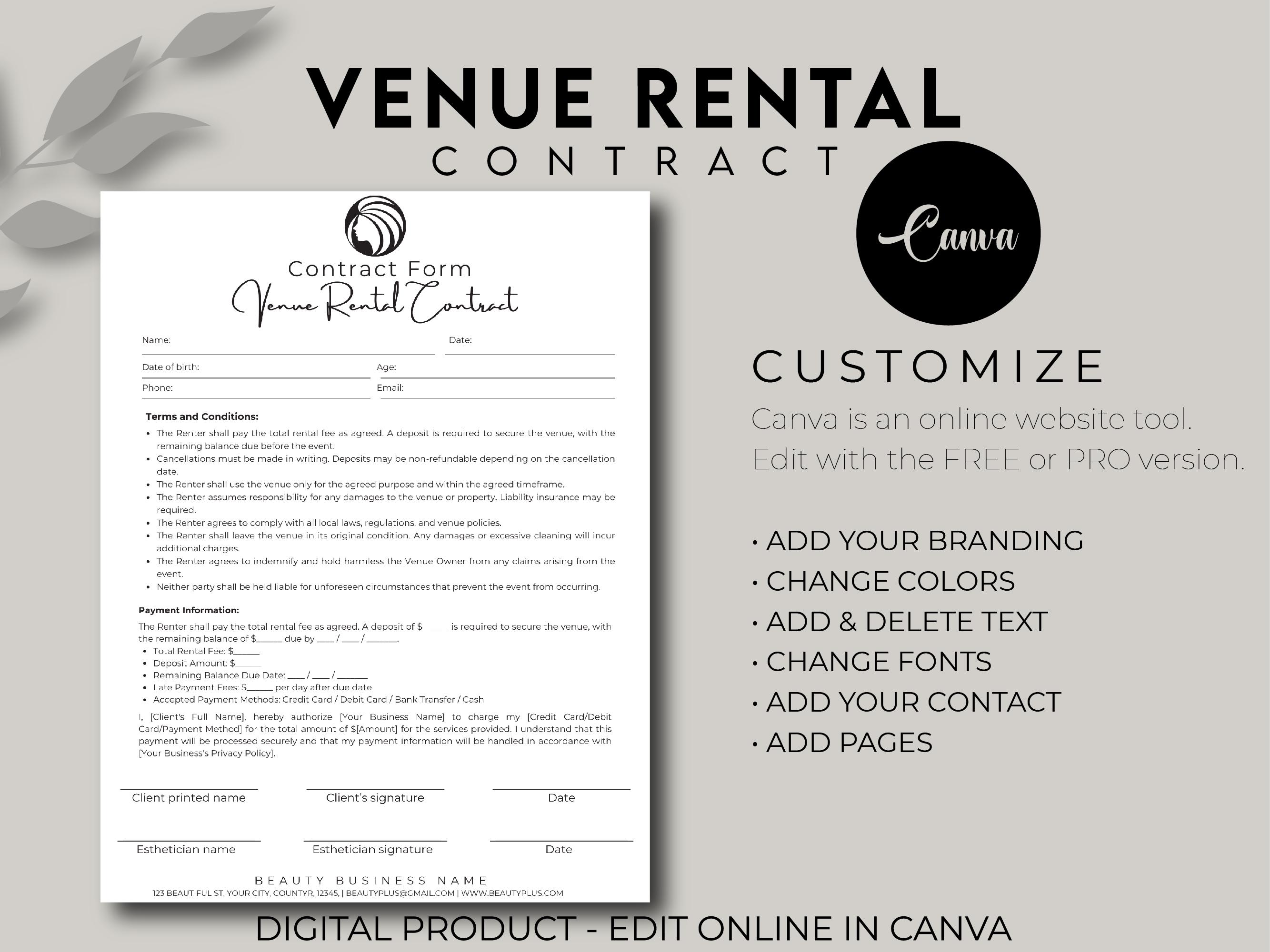 Venue Rental Form Template, Event Center Services Agreement, Wedding ...