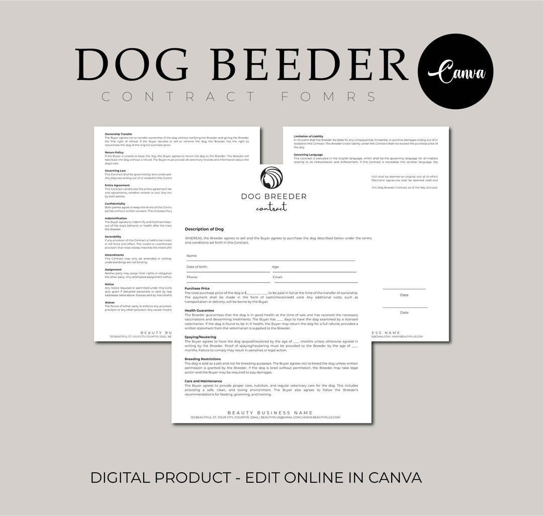 Dog Breeder Contract, Breeder Forms, Puppy Sale Contract, Dog Breeding ...