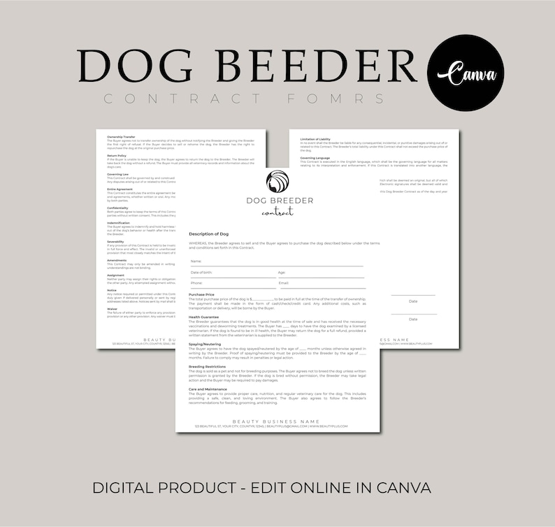 Dog Breeder Contract, Breeder Forms, Puppy Sale Contract, Dog Breeding ...