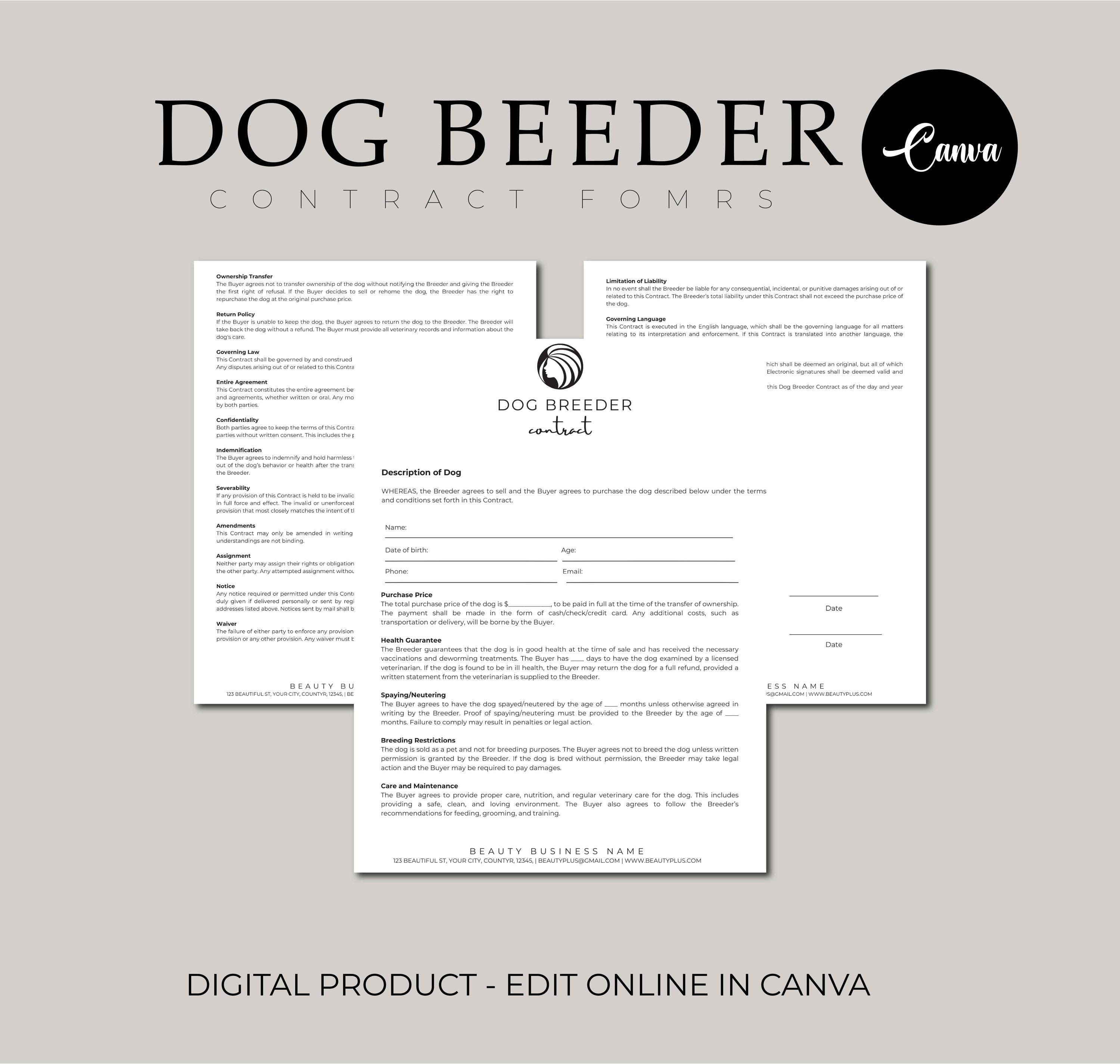 Dog Breeder Contract, Breeder Forms, Puppy Sale Contract, Dog Breeding ...