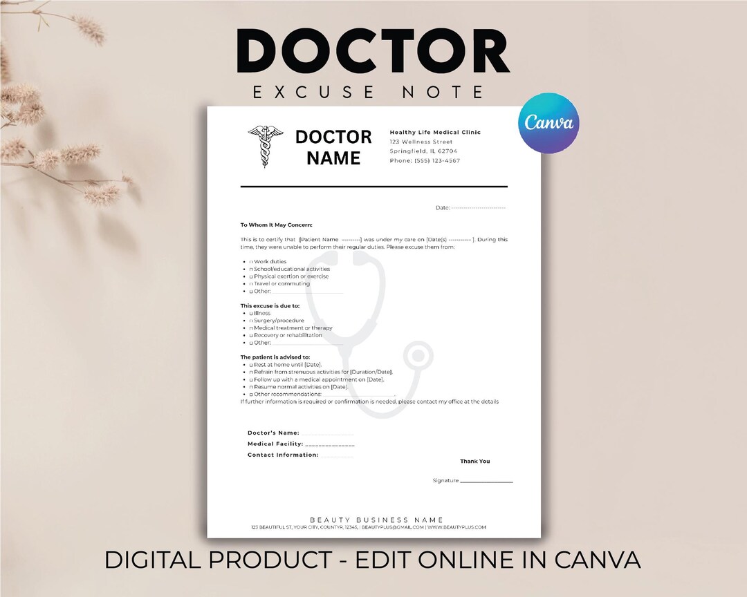 Doctor Excuse Note for Work, Excuse Note Template, Doctor Excuse Letter ...