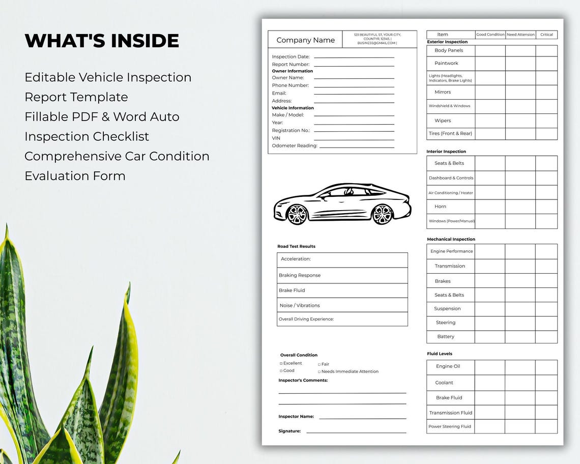Printable Vehicle Inspection Report, Editable Car or Equipment Rental ...