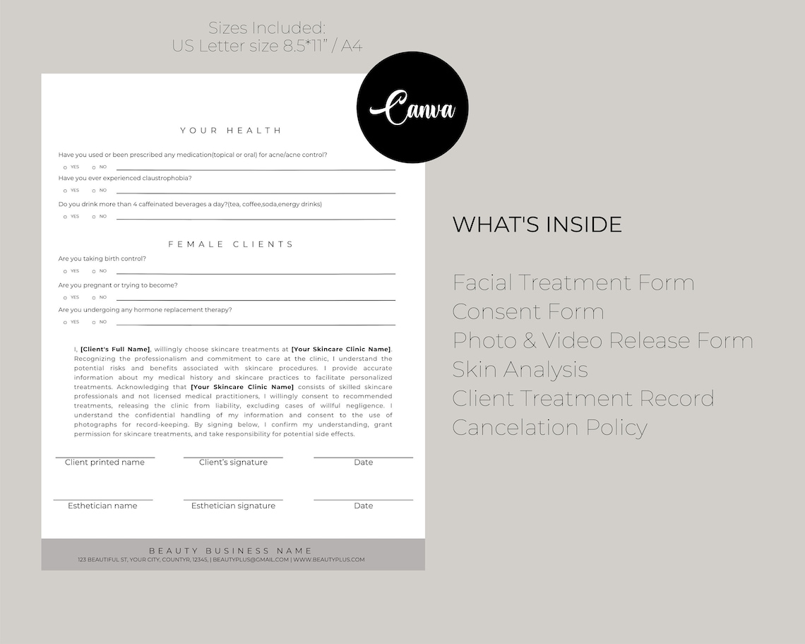 Facial Treatment Forms, Editable Esthetician Templates, Printable ...