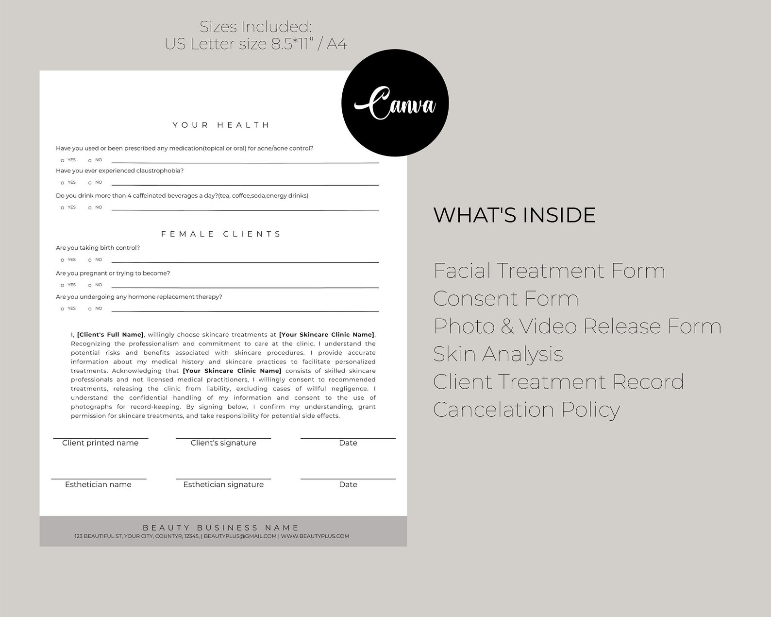 Facial Treatment Forms, Editable Esthetician Templates, Printable ...