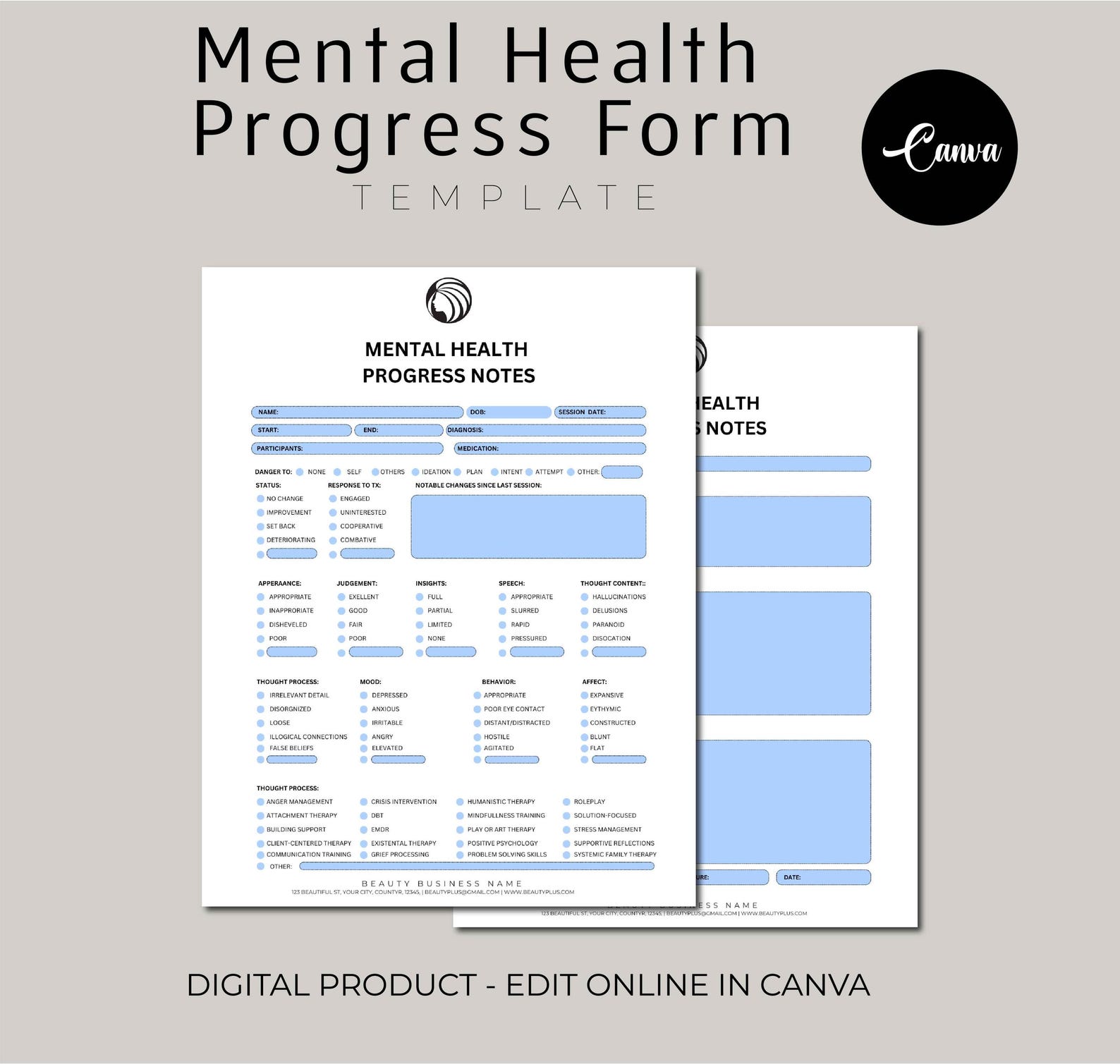 Canva Mental Progress Note Template, Counseling Therapy Note, Therapy ...