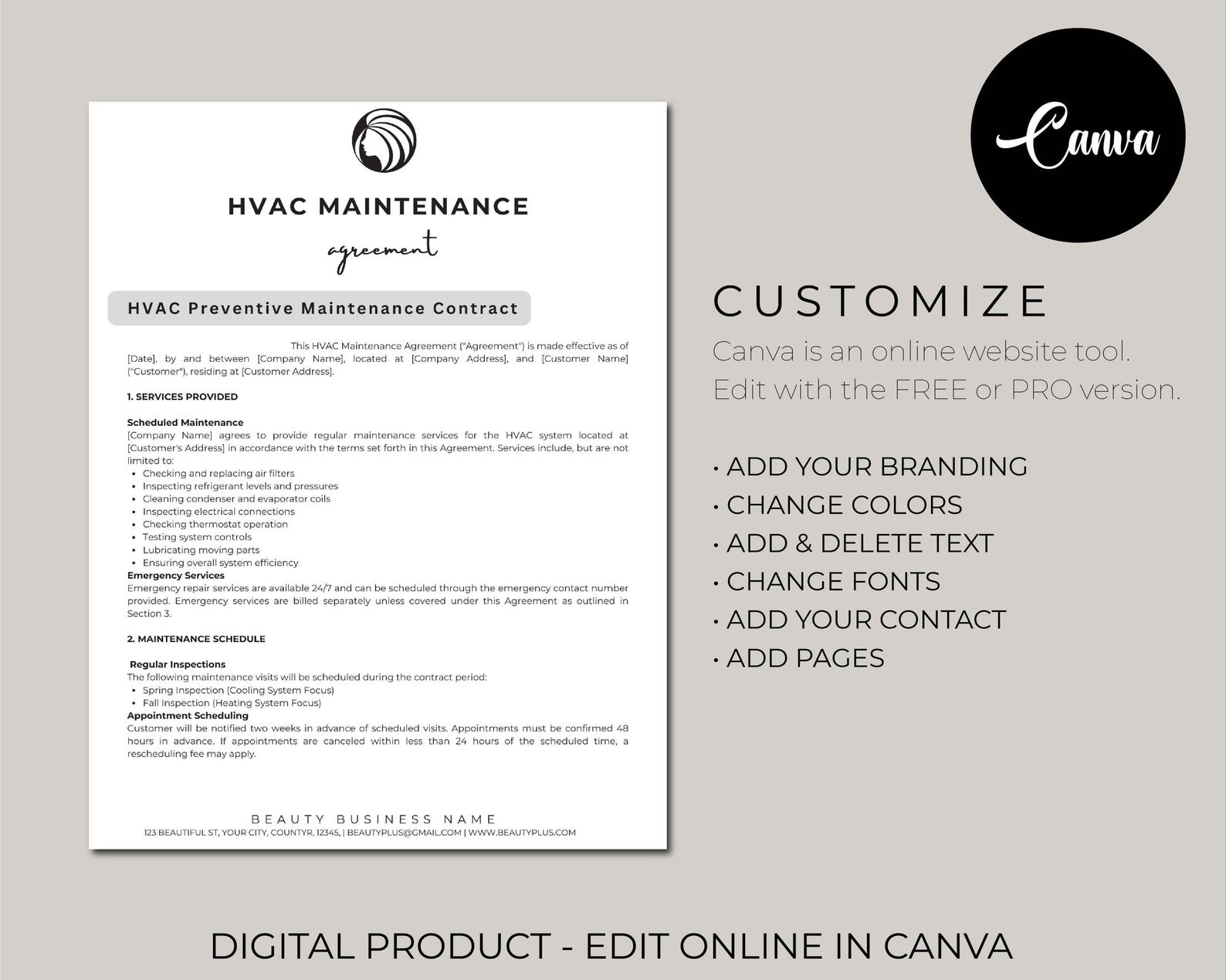 Editable HVAC Service Agreement, HVAC Service Agreement Forms, Service ...