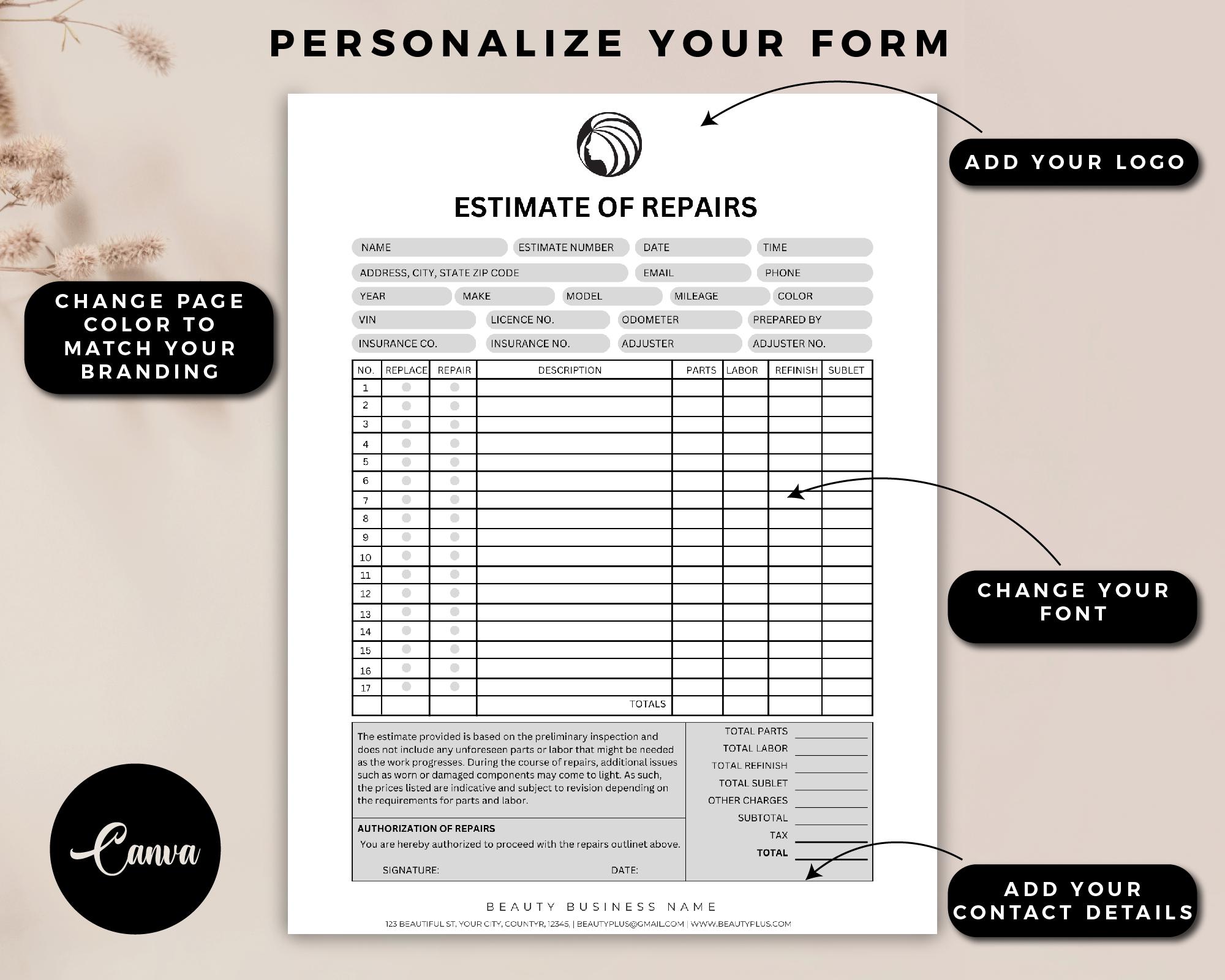 Auto Body Repair Invoice Template, Estimate and İnvoice Form ...