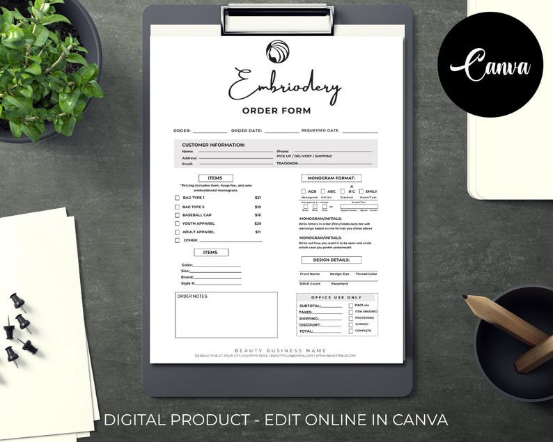 Embroidery Order Form Template, Embroidery Order Contract, Custom ...