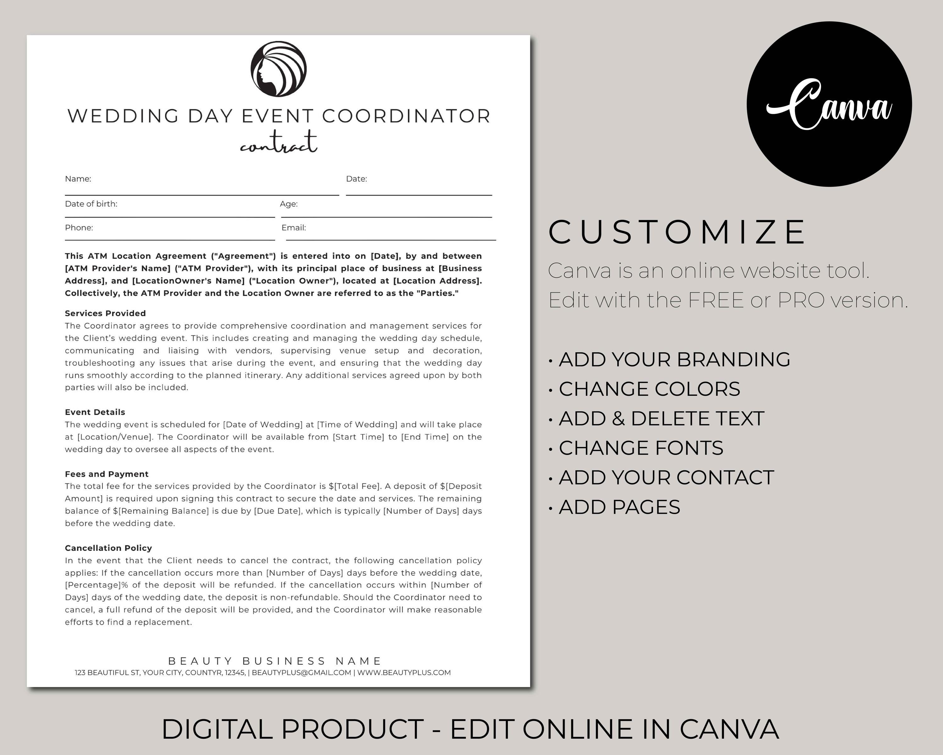 Wedding Day Event Coordinator Contract, Editable Event Coordinator ...