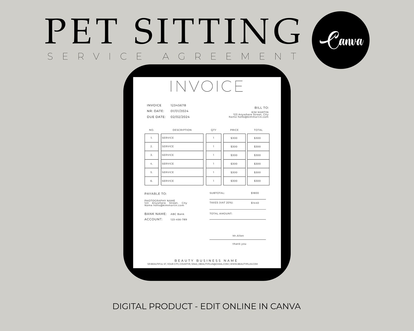 Pet Sitting Service Agreement/contract, Invoice, Editable & Printable ...